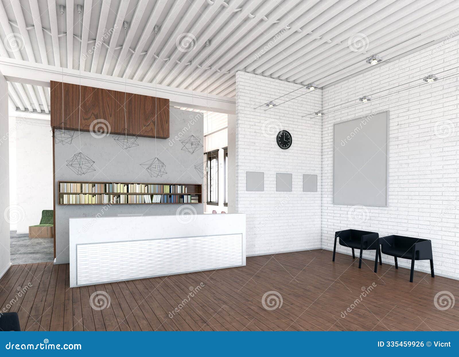 Modern Reception Desk In A Minimalist Office Lobby. 3D Rendering Stock ...