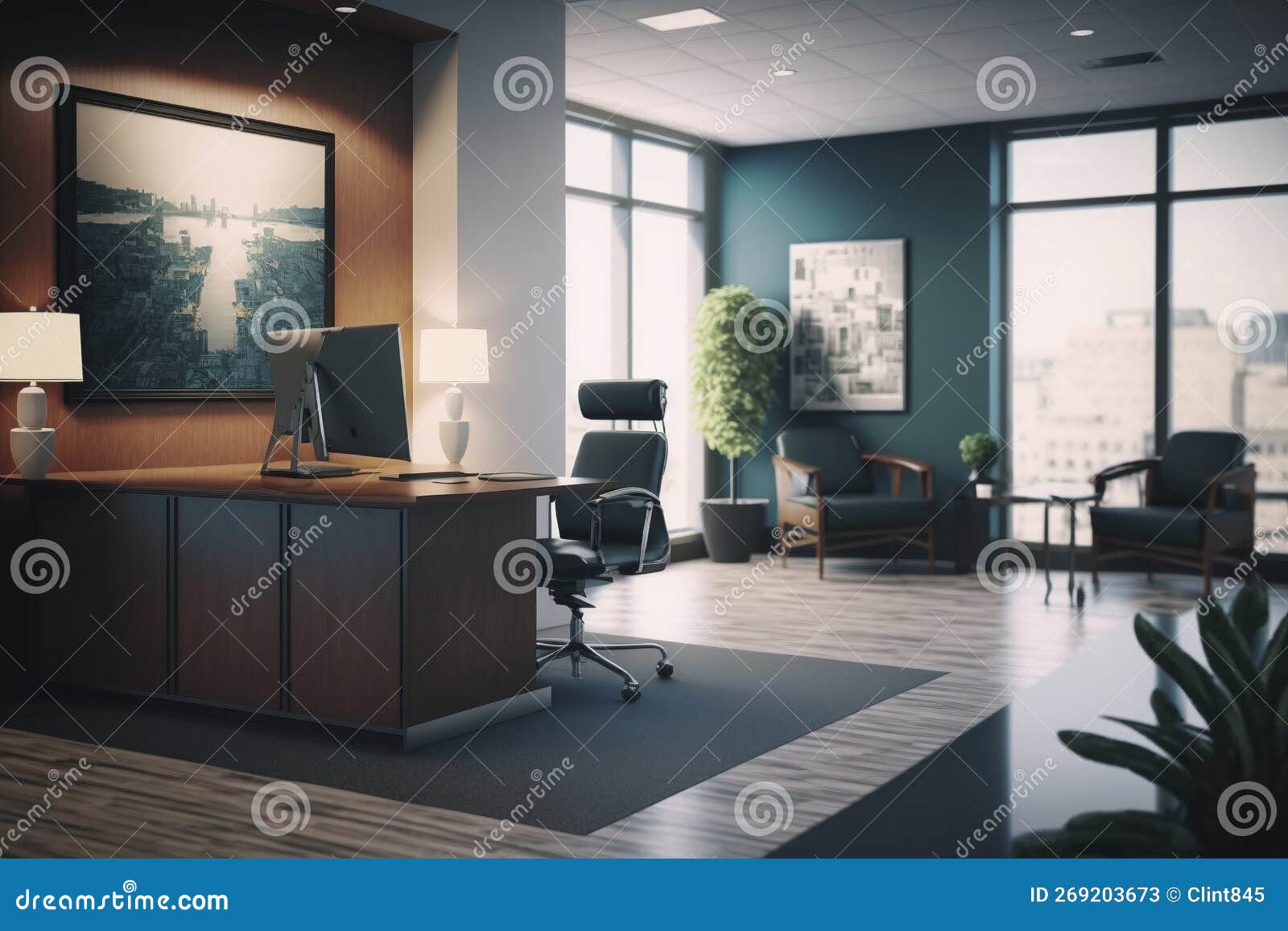 Modern Reception Area with Desk and Seating Stock Illustration ...