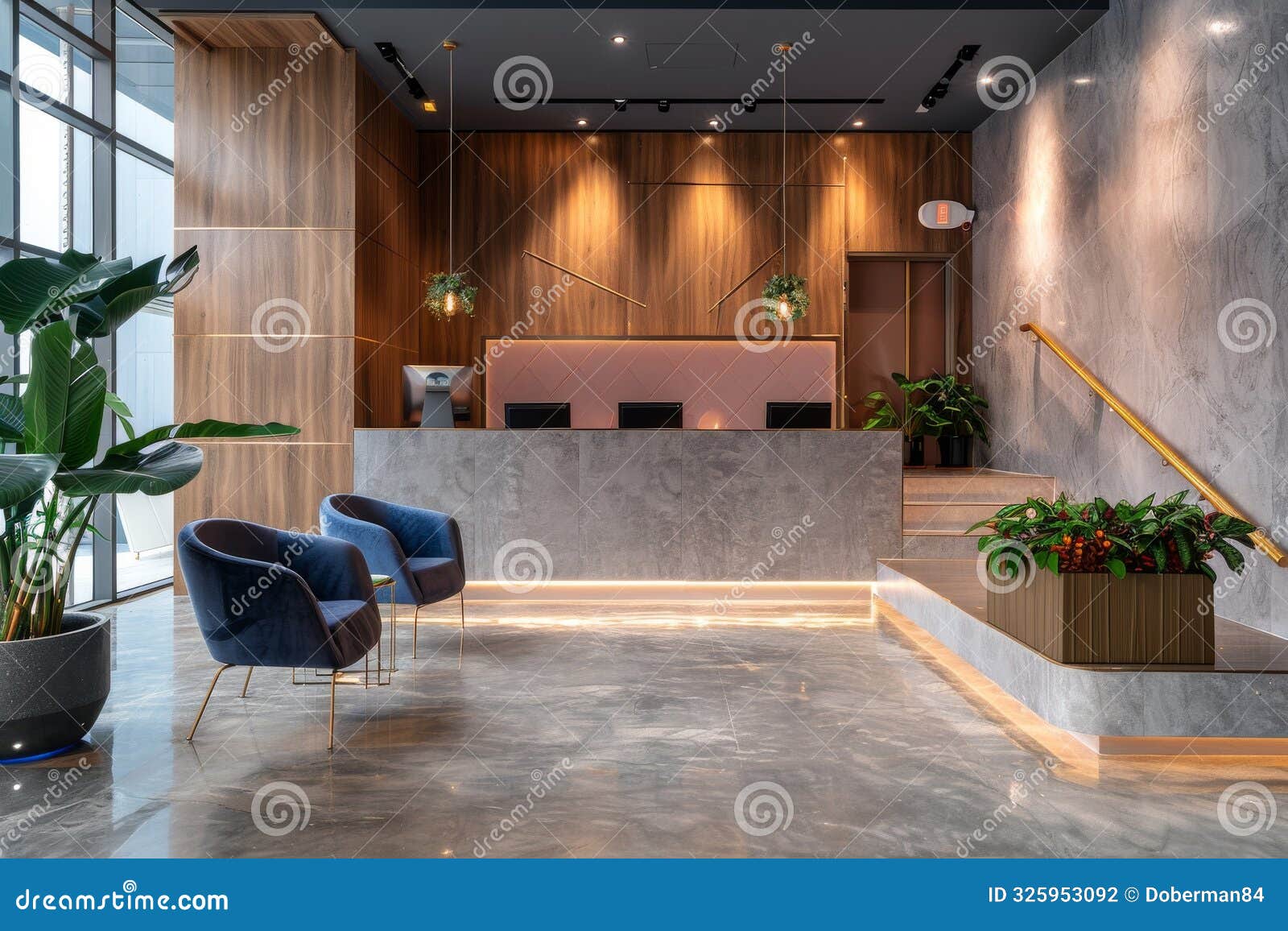 Modern Reception Area with Elegant Decor, Plants, and Comfortable ...