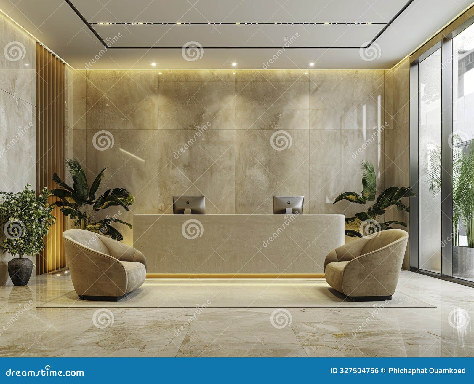 Modern Reception Area with Elegant Design Soft Lighting and Comfortable ...
