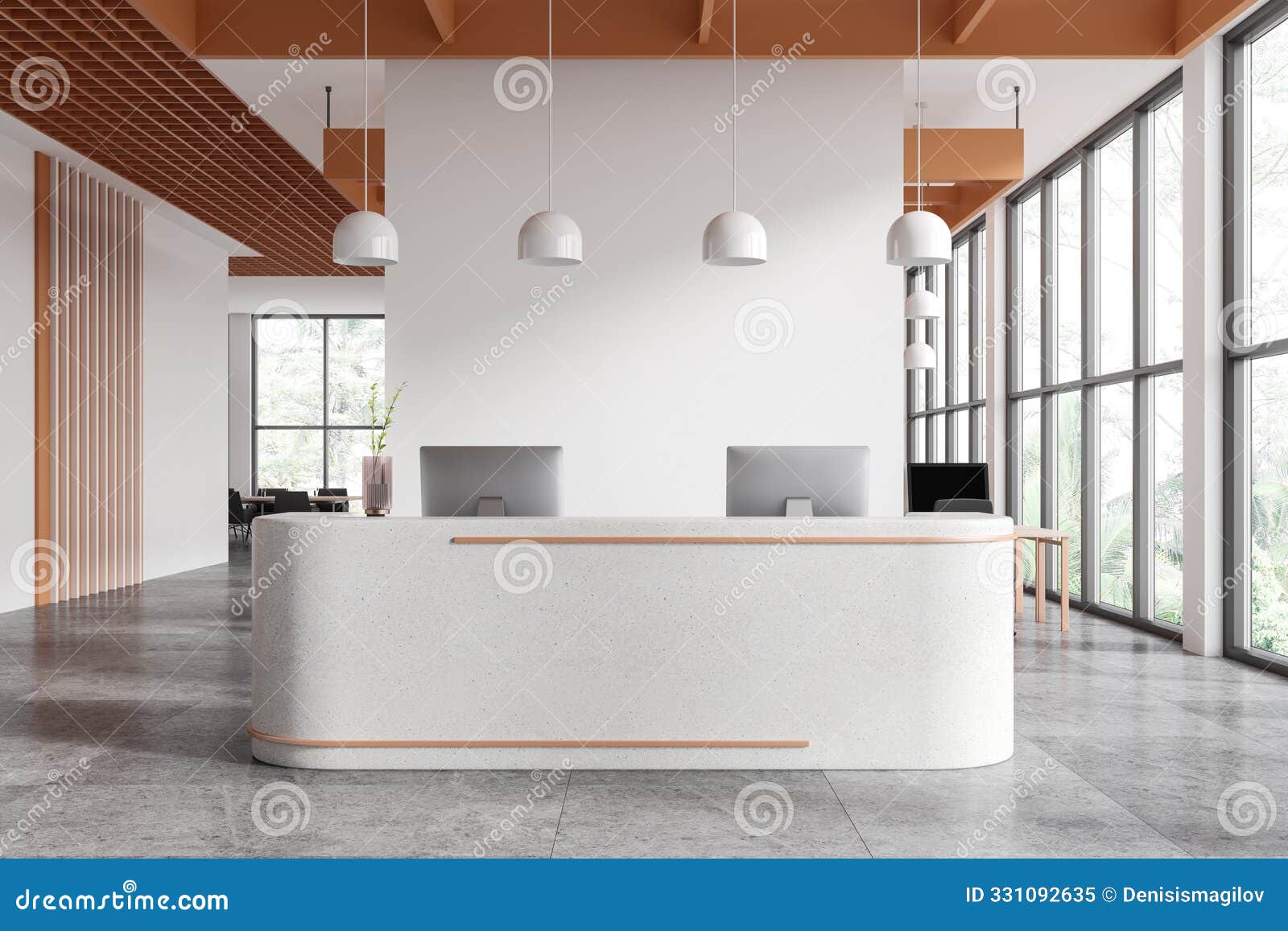 A Modern Reception Desk In A Luxury Office Lobby With Wooden Slat ...