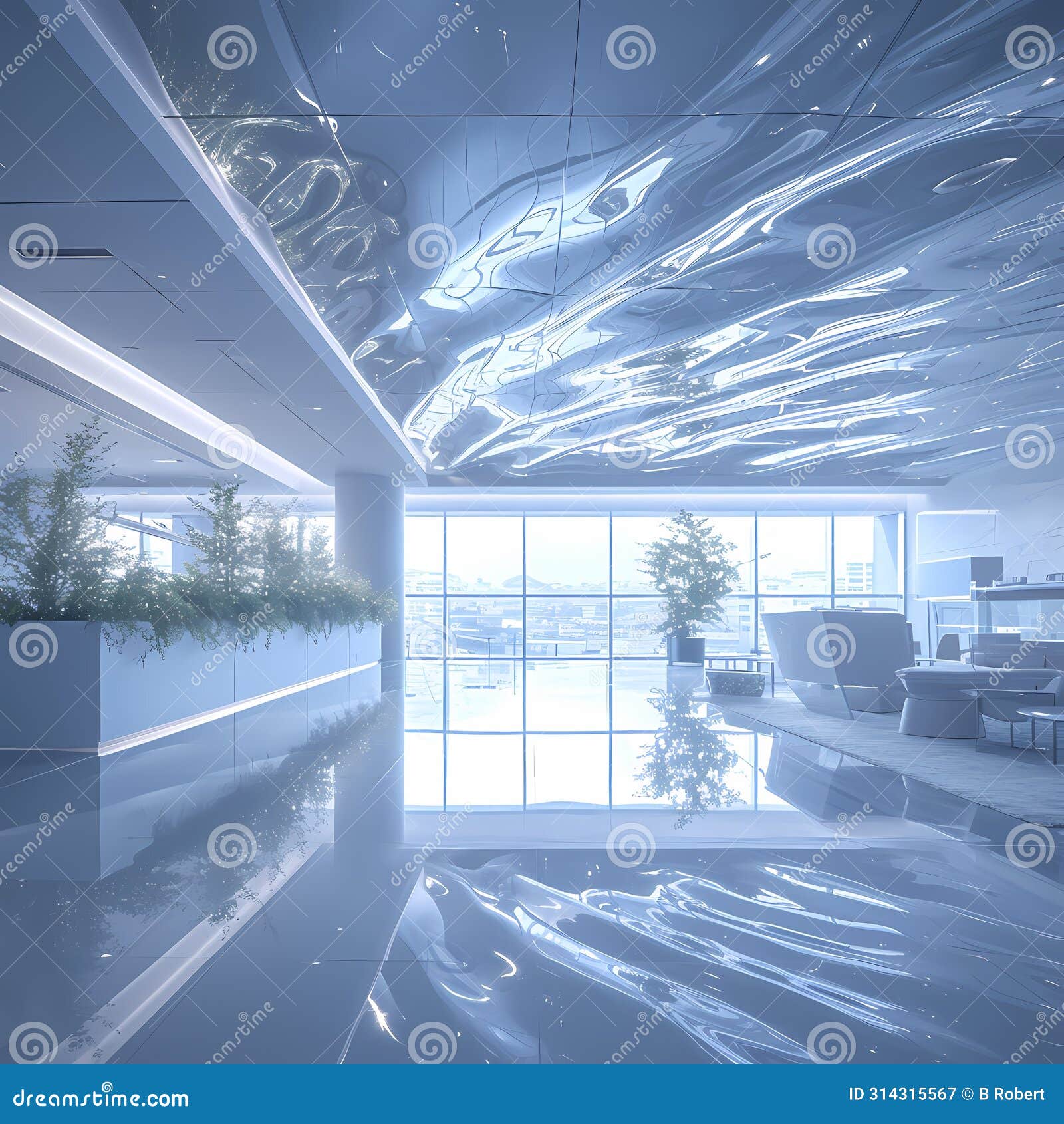 Modern Reception Area with Reflective Ceiling and Ripple Effect Stock ...