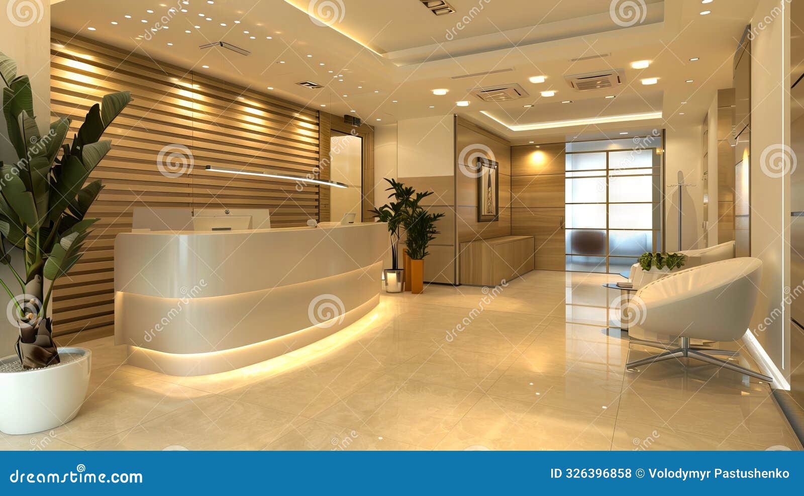 A Modern Reception Area with White Walls and Light Wood Floors Stock ...