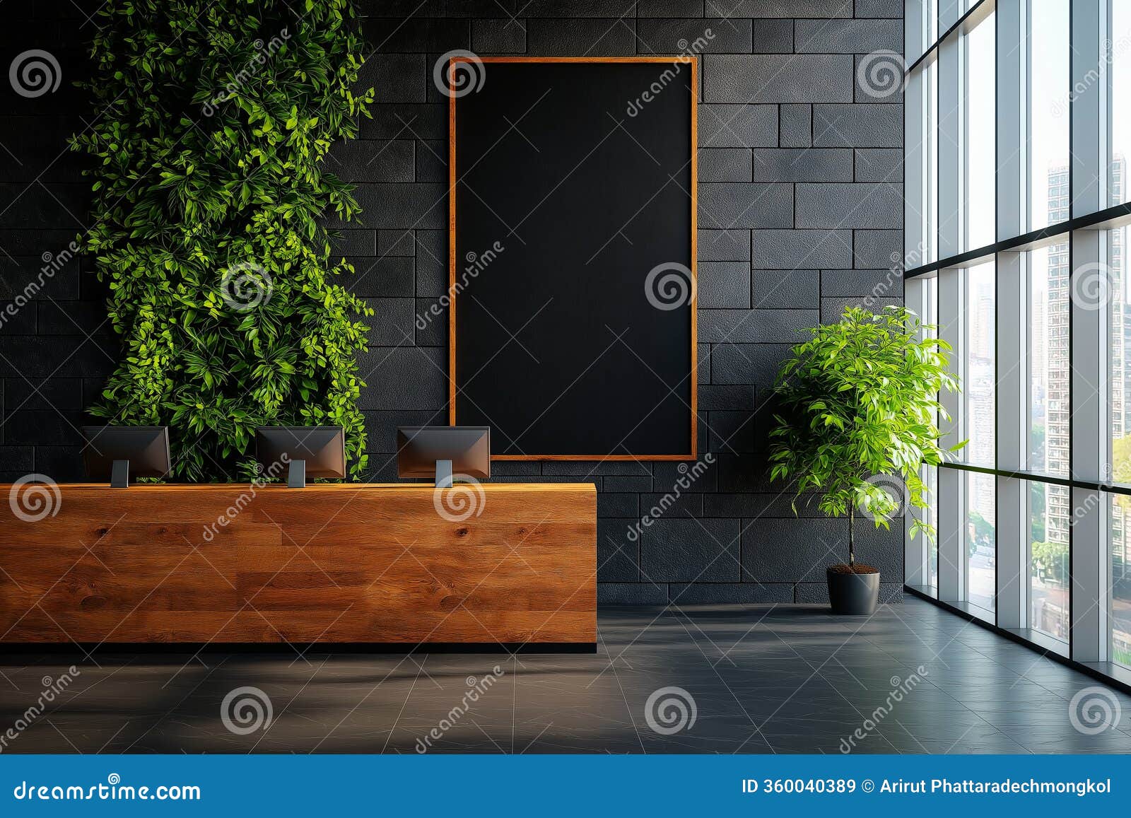 Modern Reception Area With Wooden Desk Plants And Blank Wall Royalty ...
