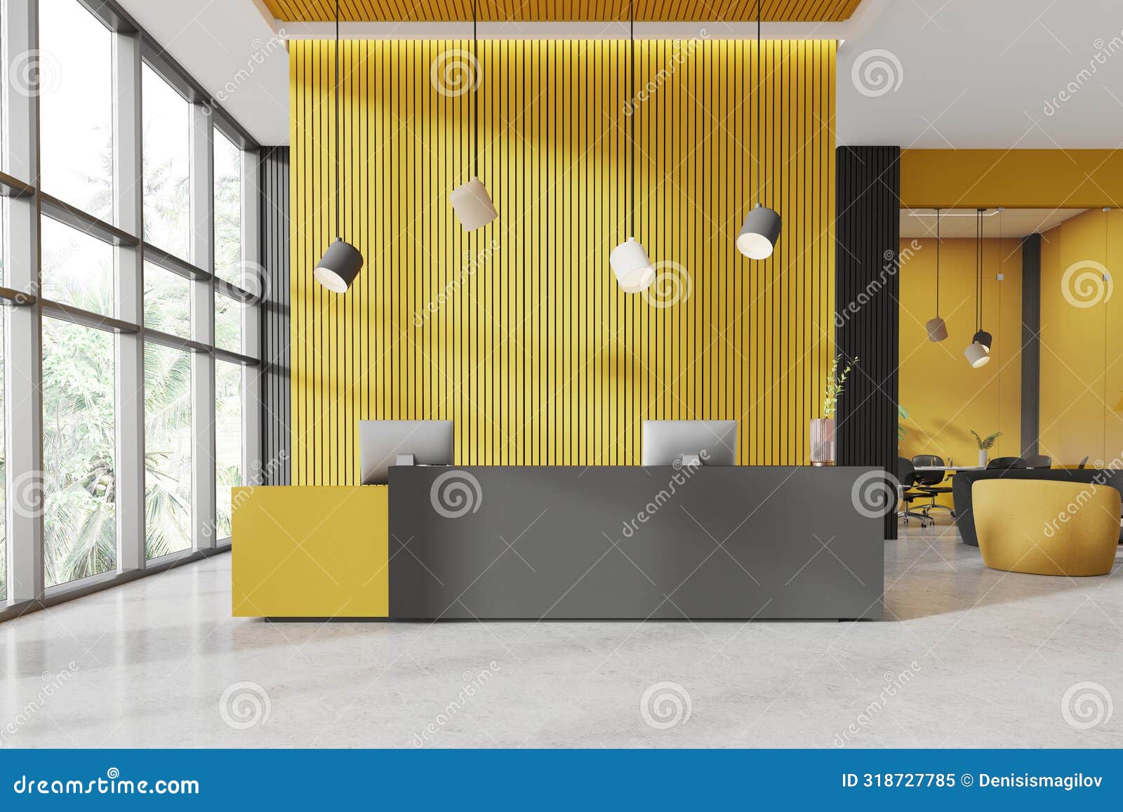 Modern Reception Area with Yellow and Black Decor, Featuring Ceiling ...