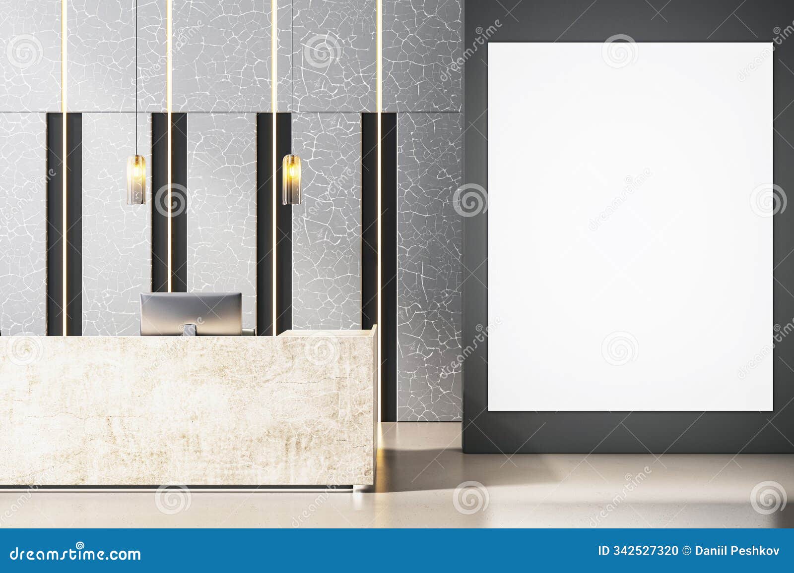 Modern Reception Desk with Blank White Vertical Screen for Branding ...