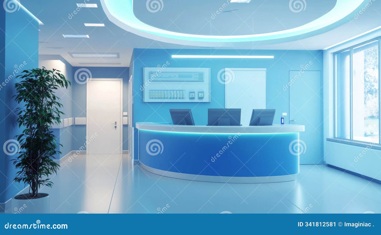 Modern Reception Desk in a Blue and White Room with a Plant Stock ...