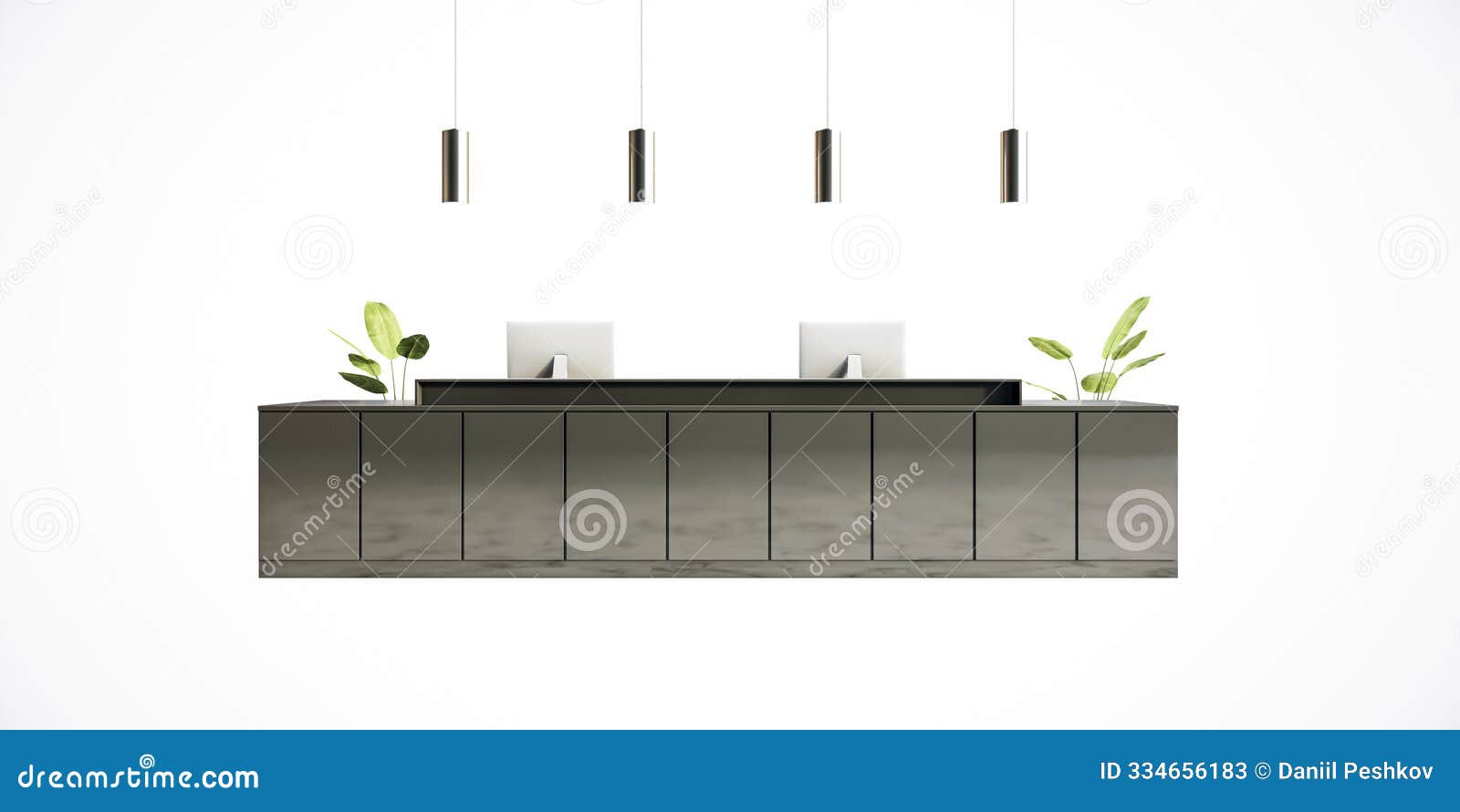 Modern Reception Desk with Computers and Plants on White Background. 3D ...