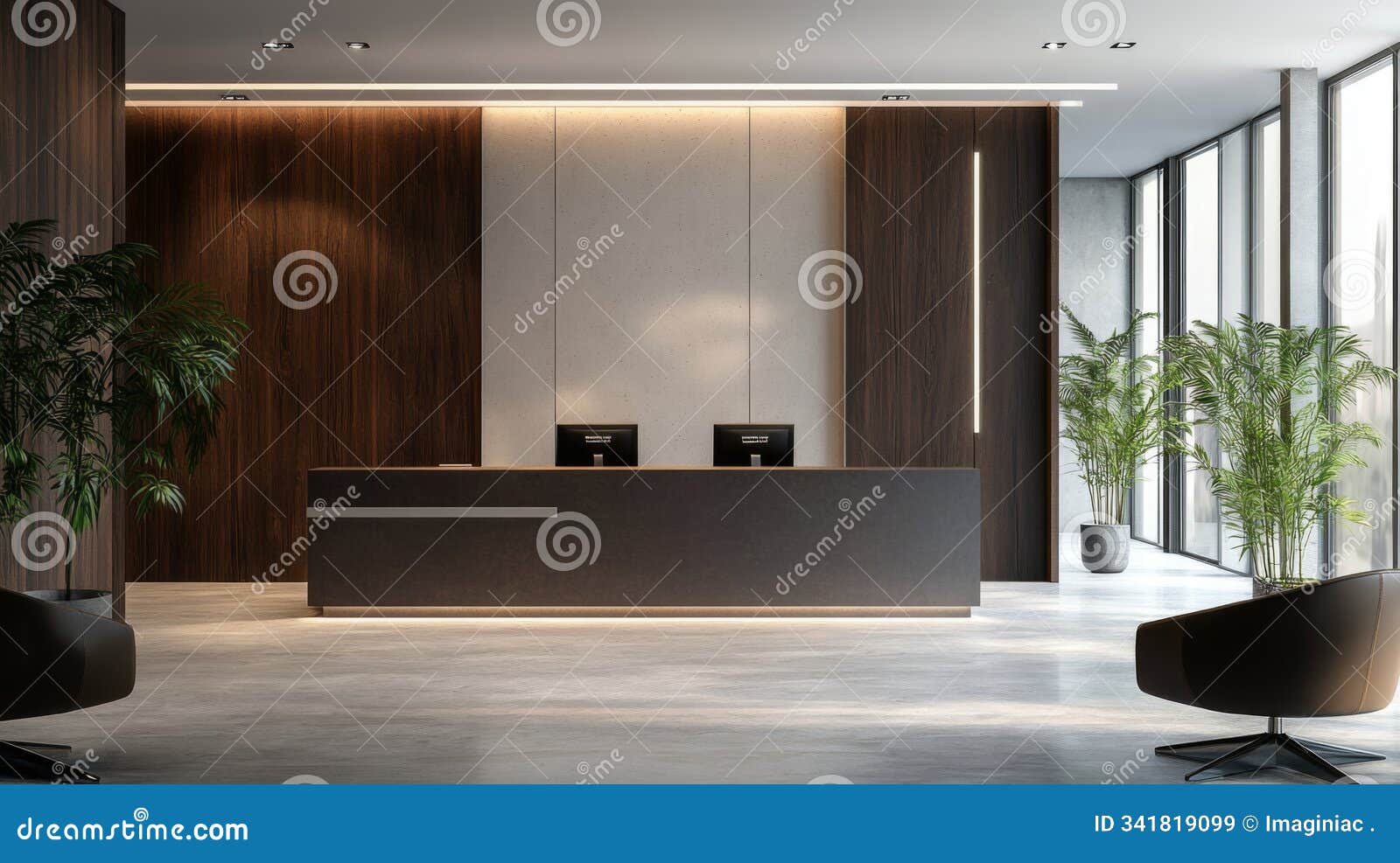 Contemporary Lobby Interior With Silver Reception Desk, Seating And ...