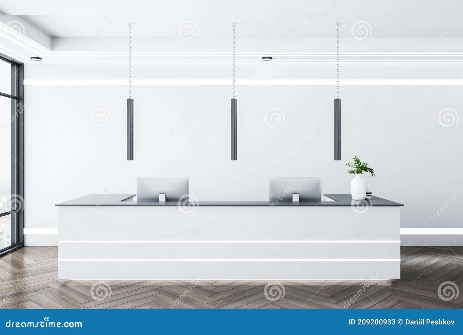 Modern Reception Desk in Corridor with Computers Stock Illustration ...