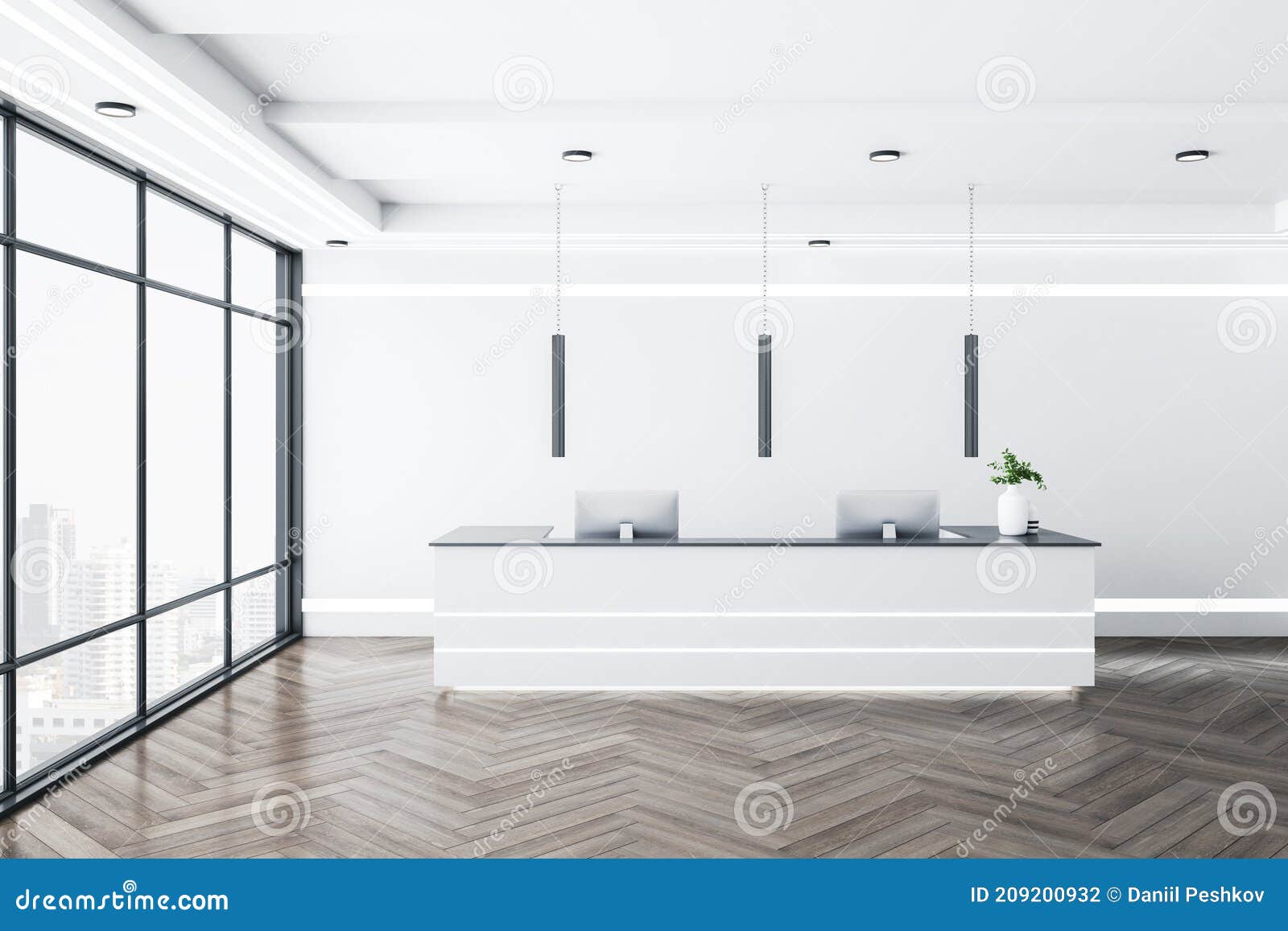 Modern Reception Desk in Corridor with Two Computers and City View ...