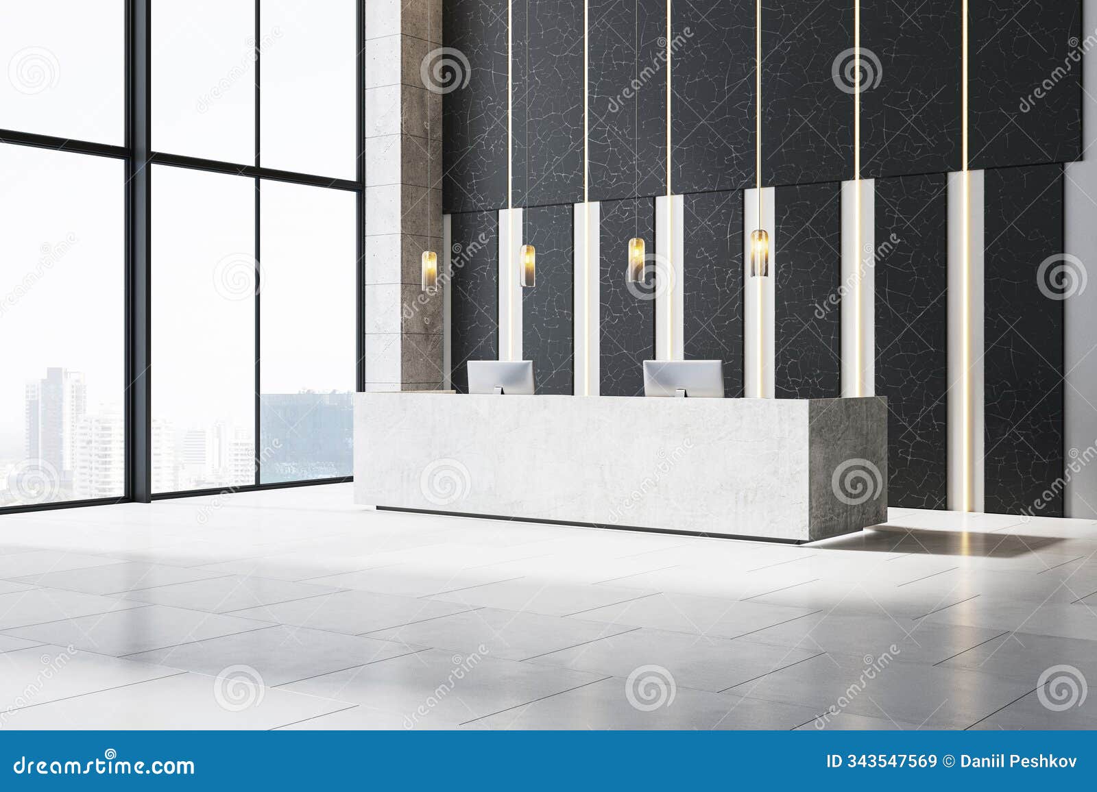 Modern Reception Desk With Wooden Wall In Office Lobby. 3D Rendering ...