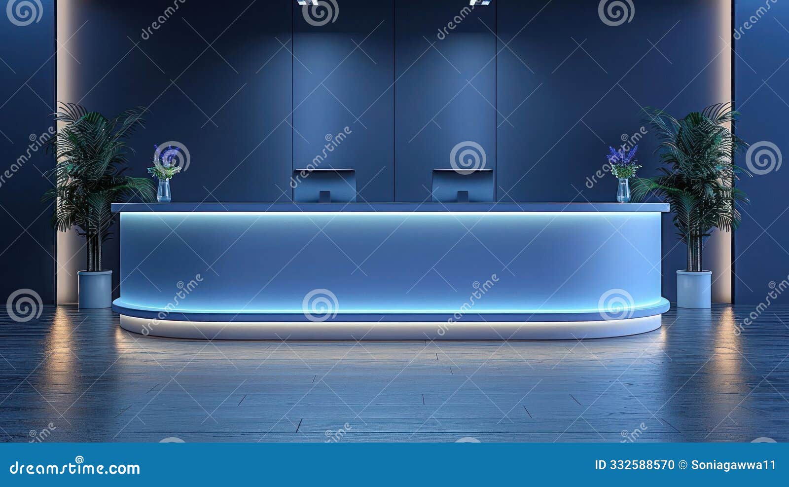 Modern Reception Desk with Glowing Blue Lights in a Minimalist Office ...