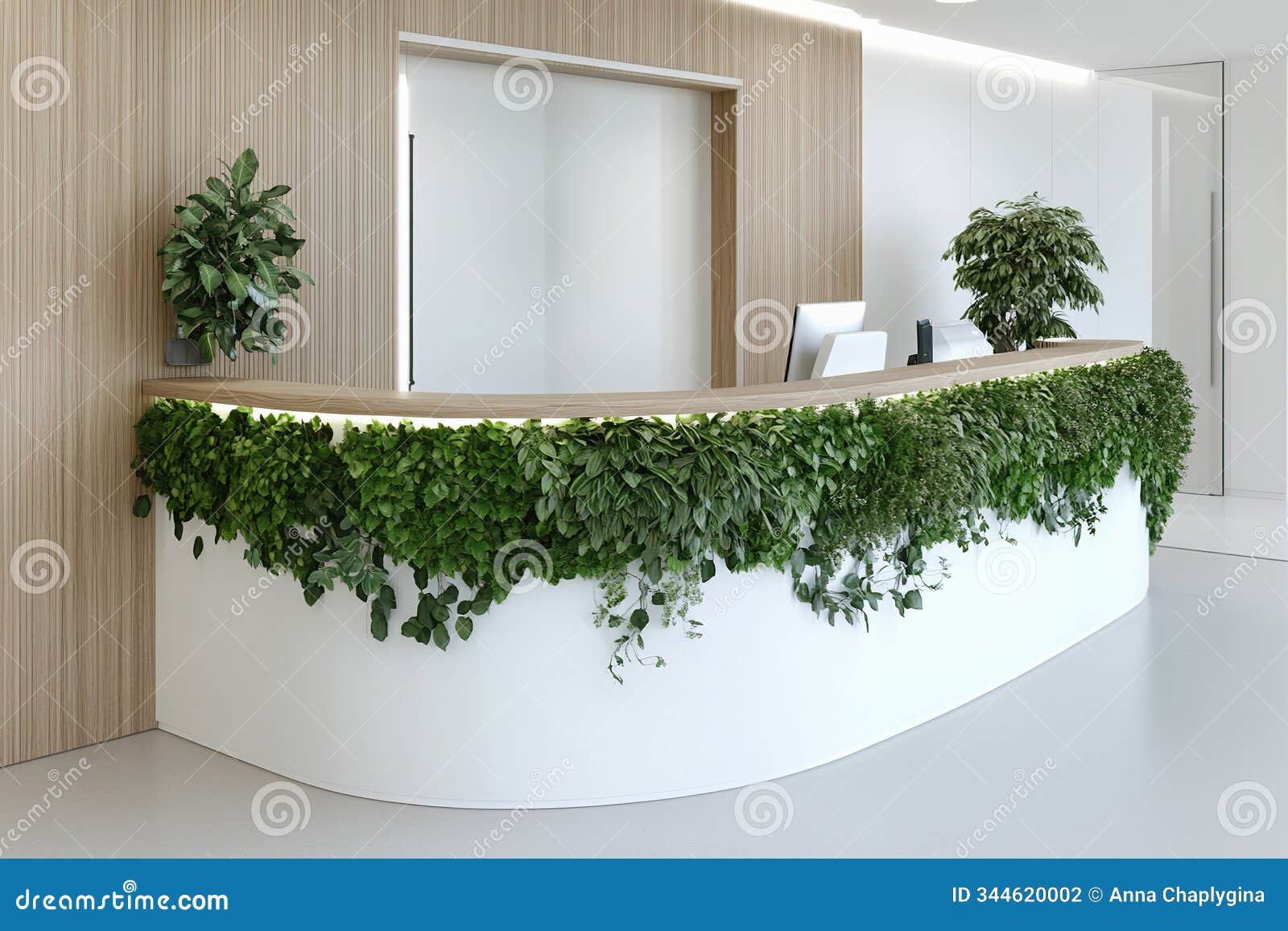 Modern Reception Desk with Greenery in Minimalist Office Interior Stock ...