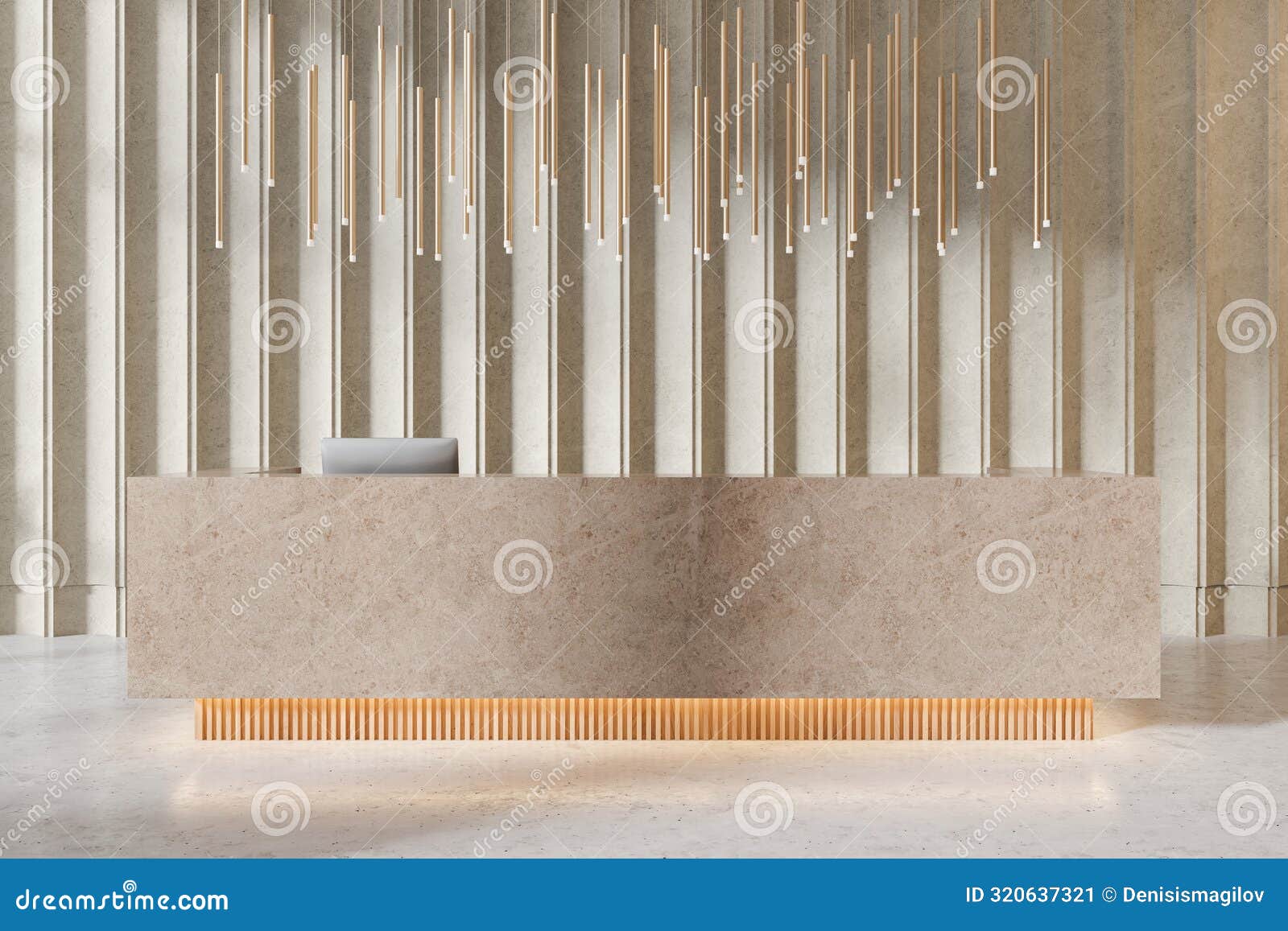 Modern Reception Desk with Hanging Lights, Minimalistic Design, Neutral ...