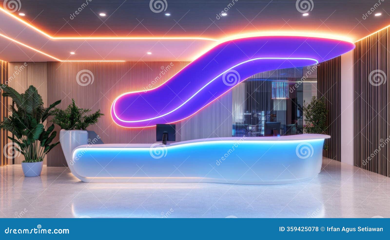 Modern Reception Desk with Neon Lighting and Wooden Wall Stock ...