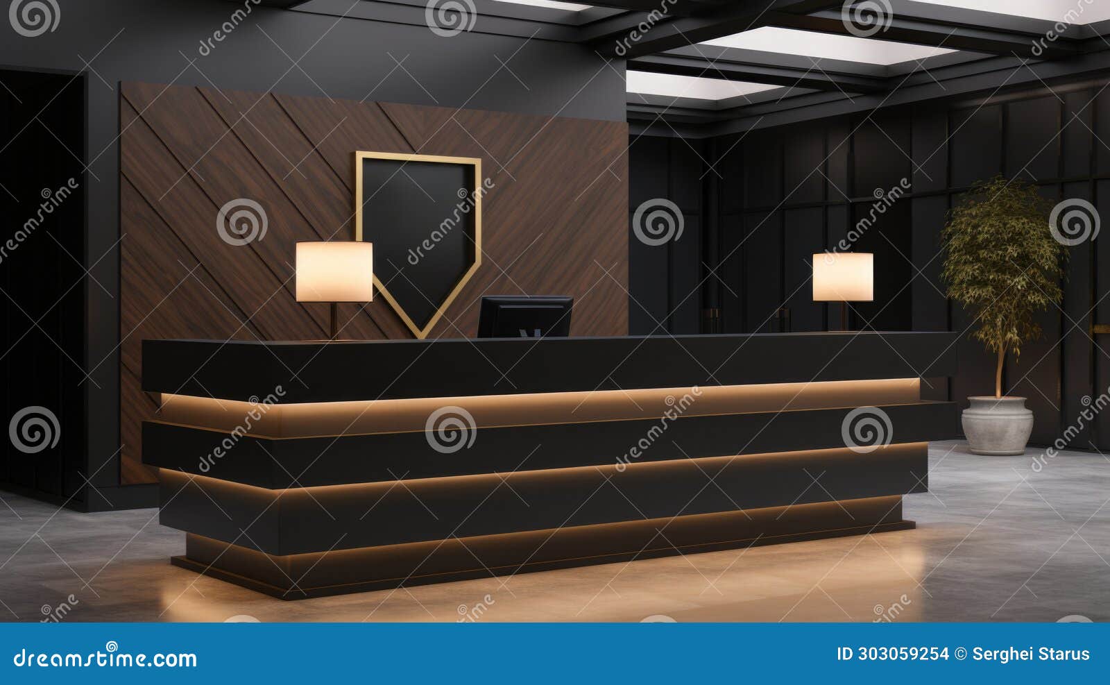 A Modern Reception Desk with Two Lamps and a Mirror, AI Stock Photo ...