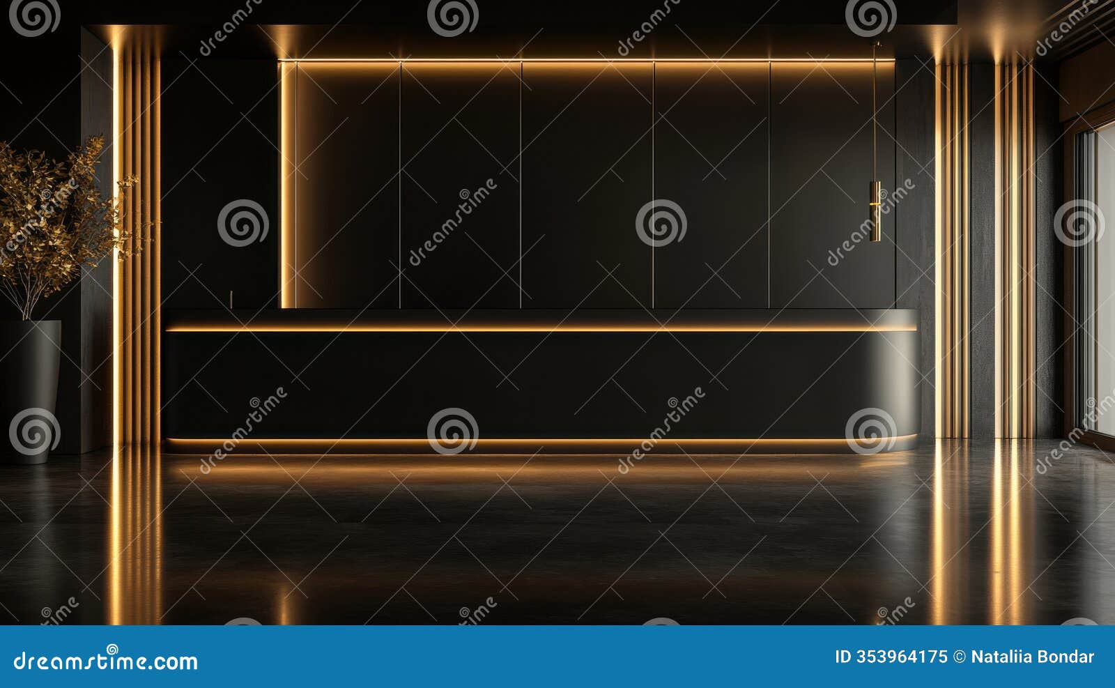 Modern Reception Desk with Warm Led Lighting in Dark Interior Design ...