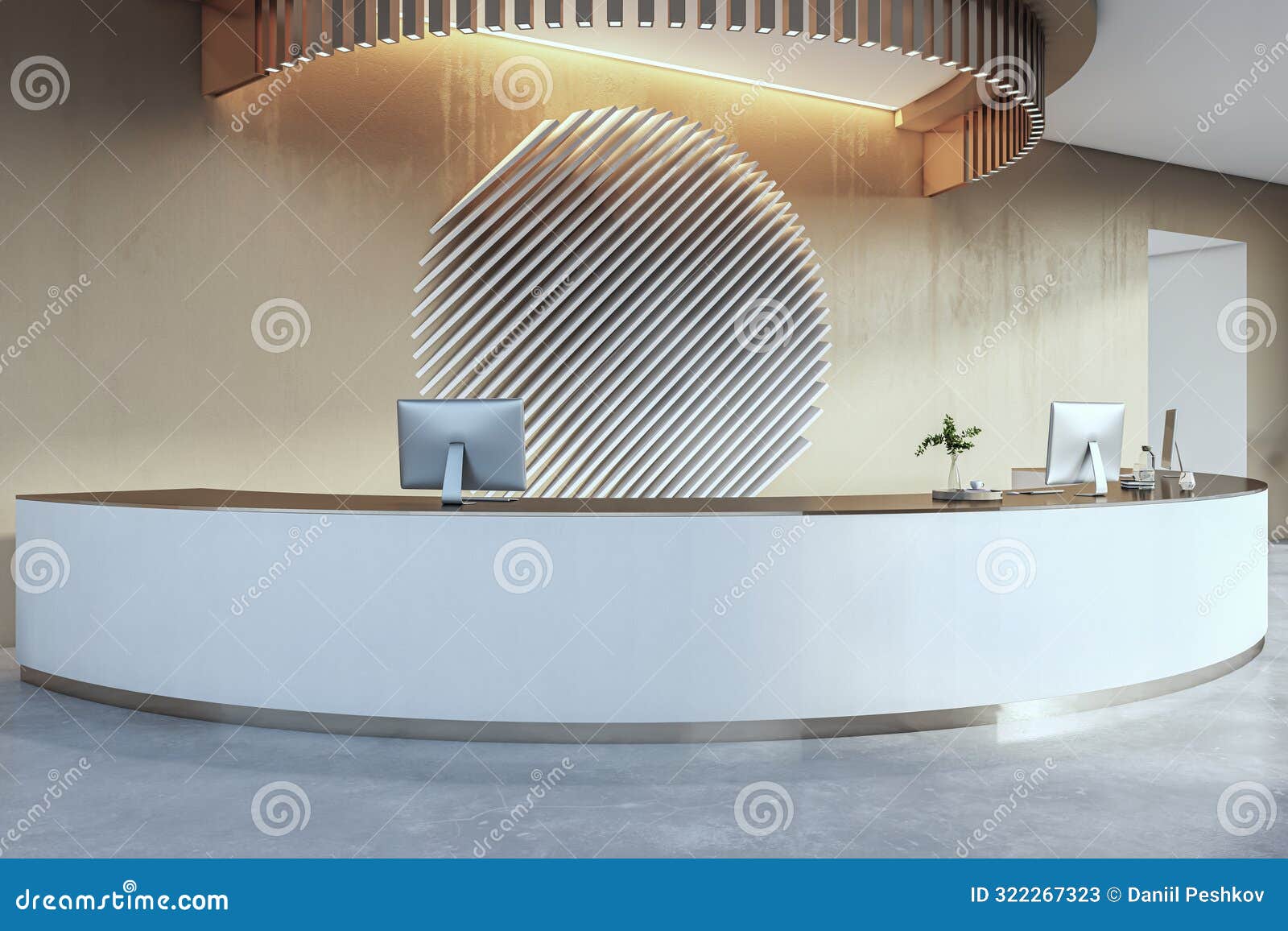 Modern Reception Interior with Decorative Wall Paneling, Computers on ...