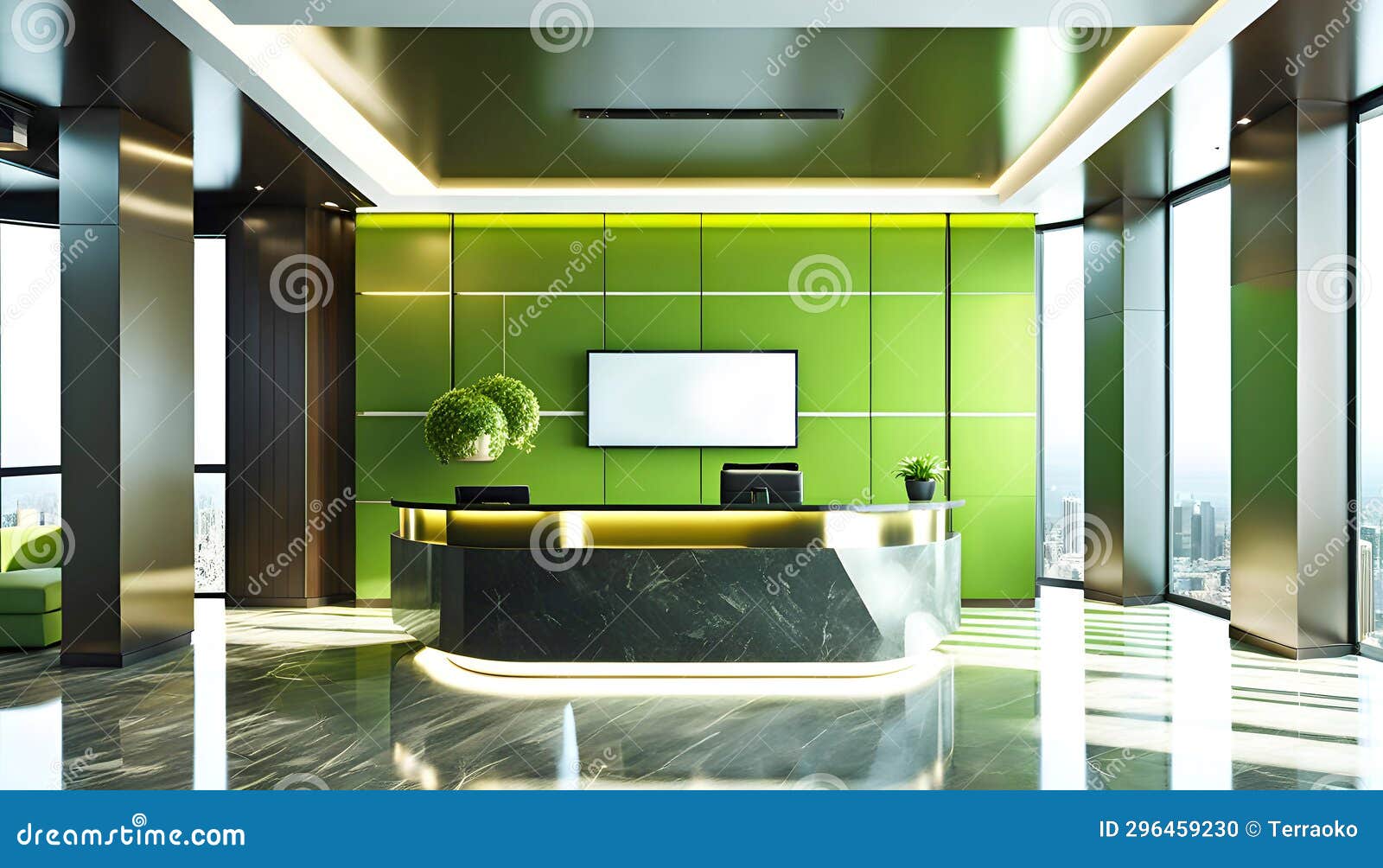 Modern Reception Lobby Interior Design, 3D Rendering, Stock ...