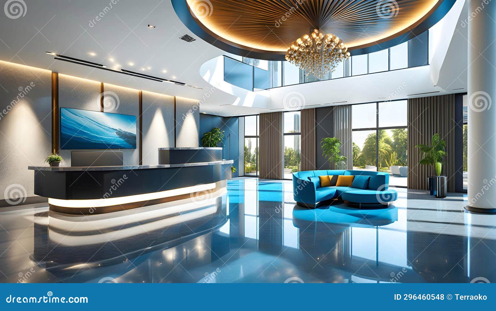 Modern Reception Lobby Interior Design, 3D Rendering, Stock ...