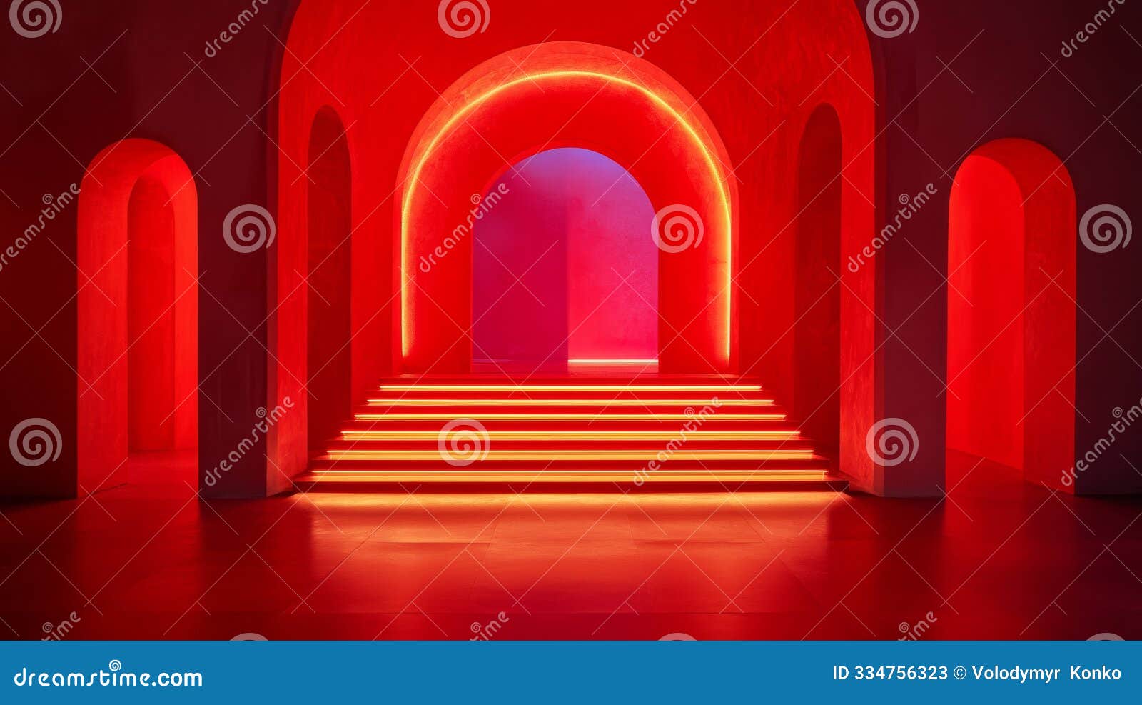 Modern Red Architecture with Neon Lights and Arches, Atmospheric ...