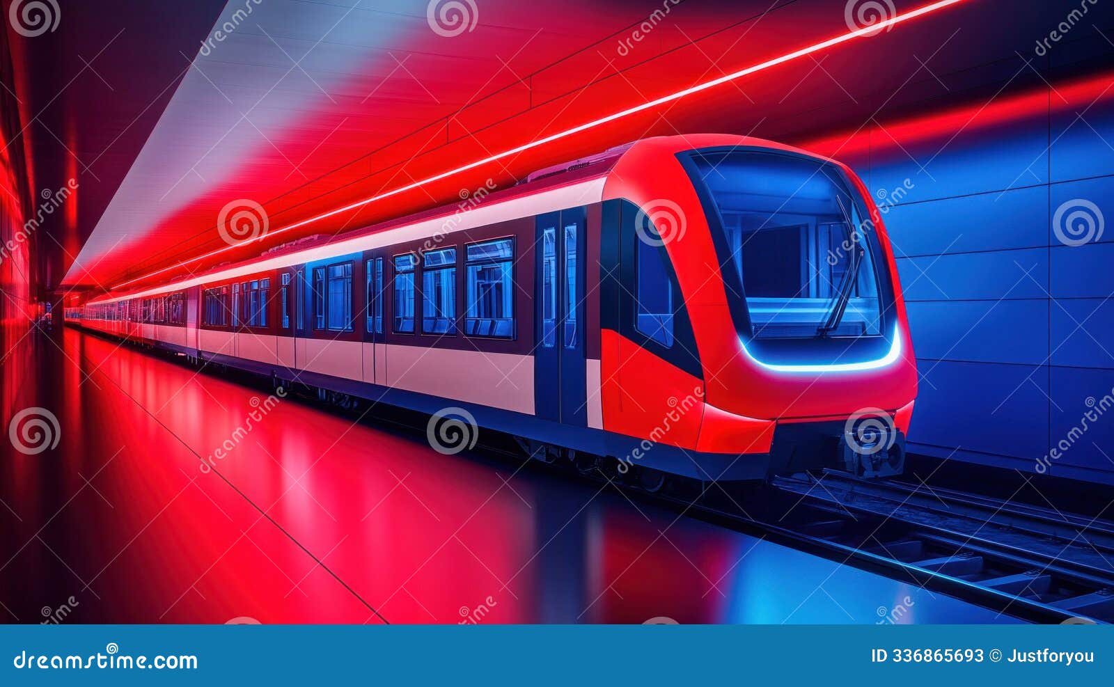Modern Red and Blue Train in Underground Station with Red Light Stock ...