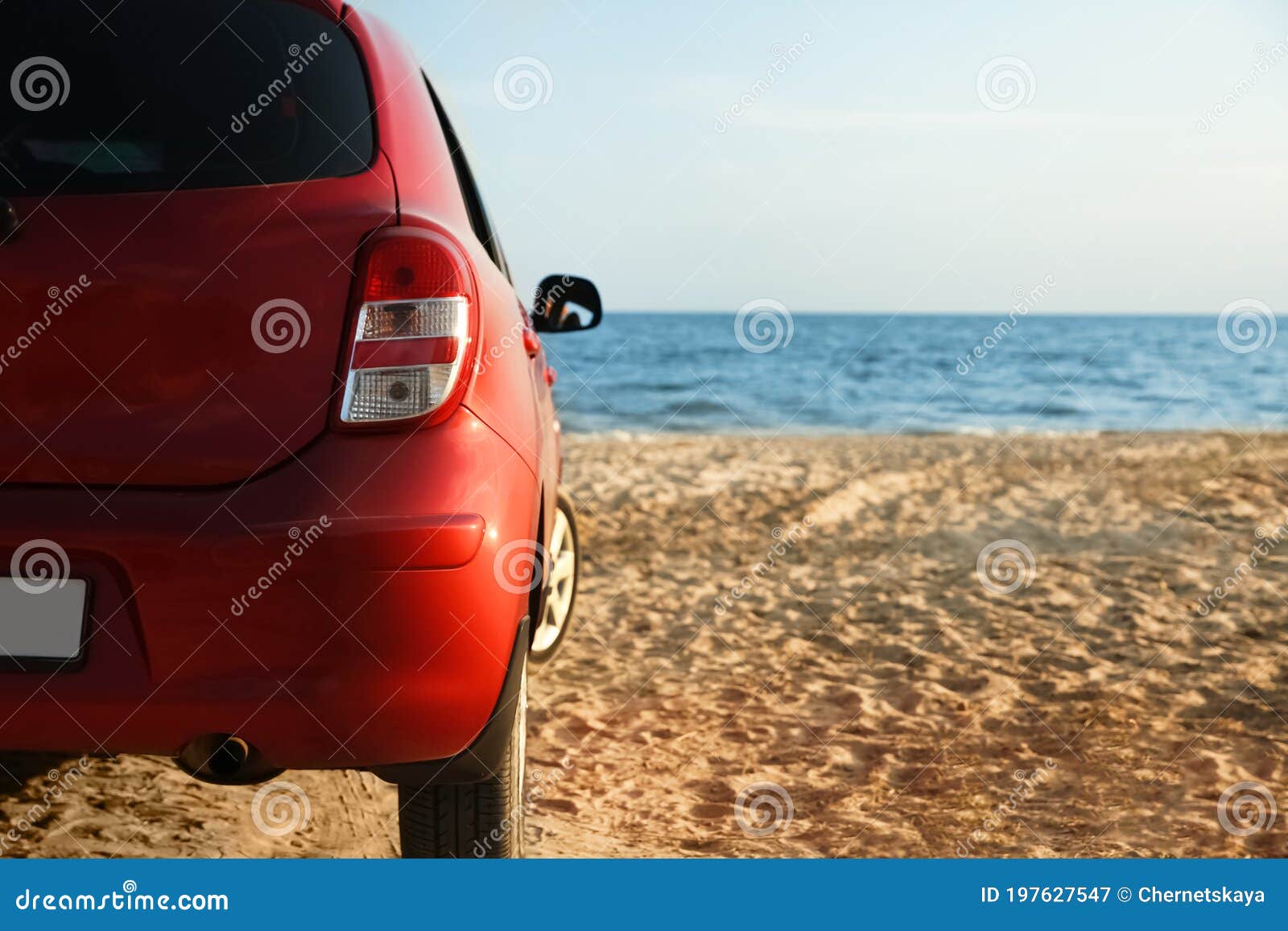 Modern Red Car on Sandy Beach, Space for Text. Summer Trip Stock Image ...