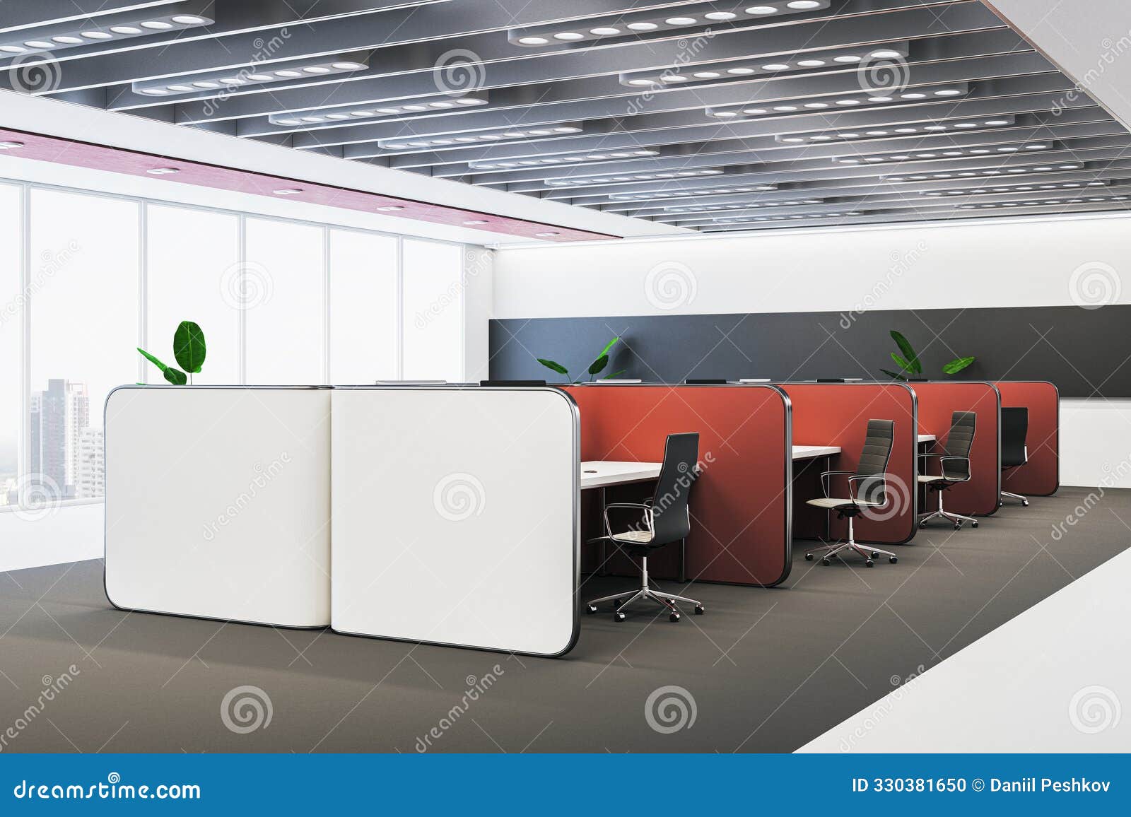 Modern Red Coworking Interior with Partitions and Panoramic Windows ...