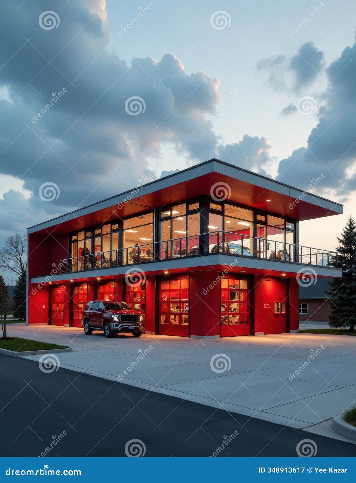 Modern Red Fire Station at Dusk Stock Illustration - Illustration of ...