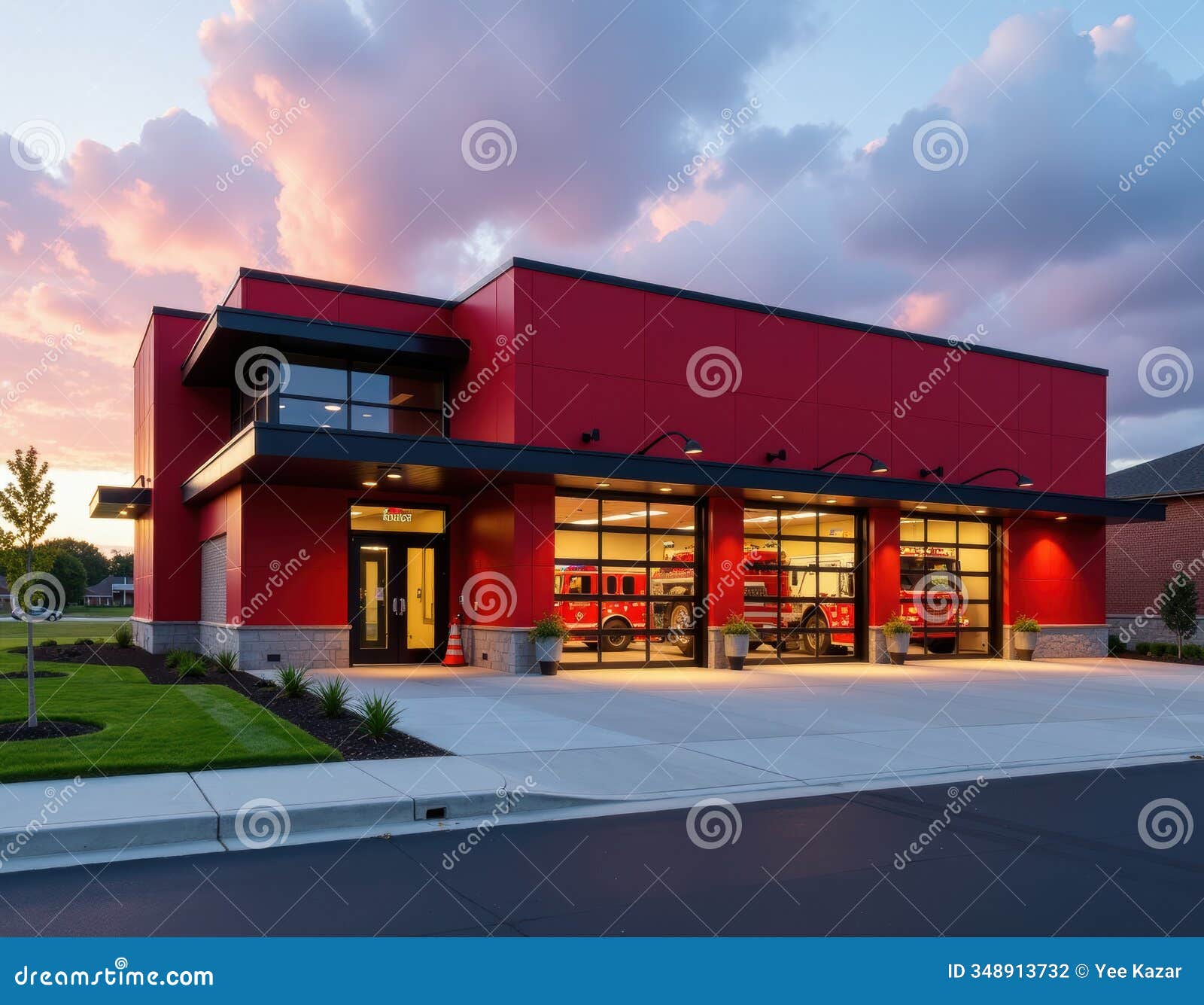 Modern Red Fire Station at Dusk Stock Illustration - Illustration of ...
