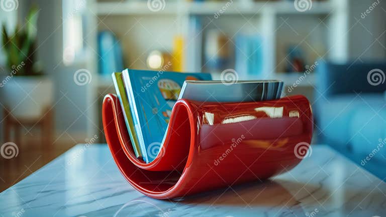 Modern Red Holder with Books and Magazines on a Table. Stock Image ...