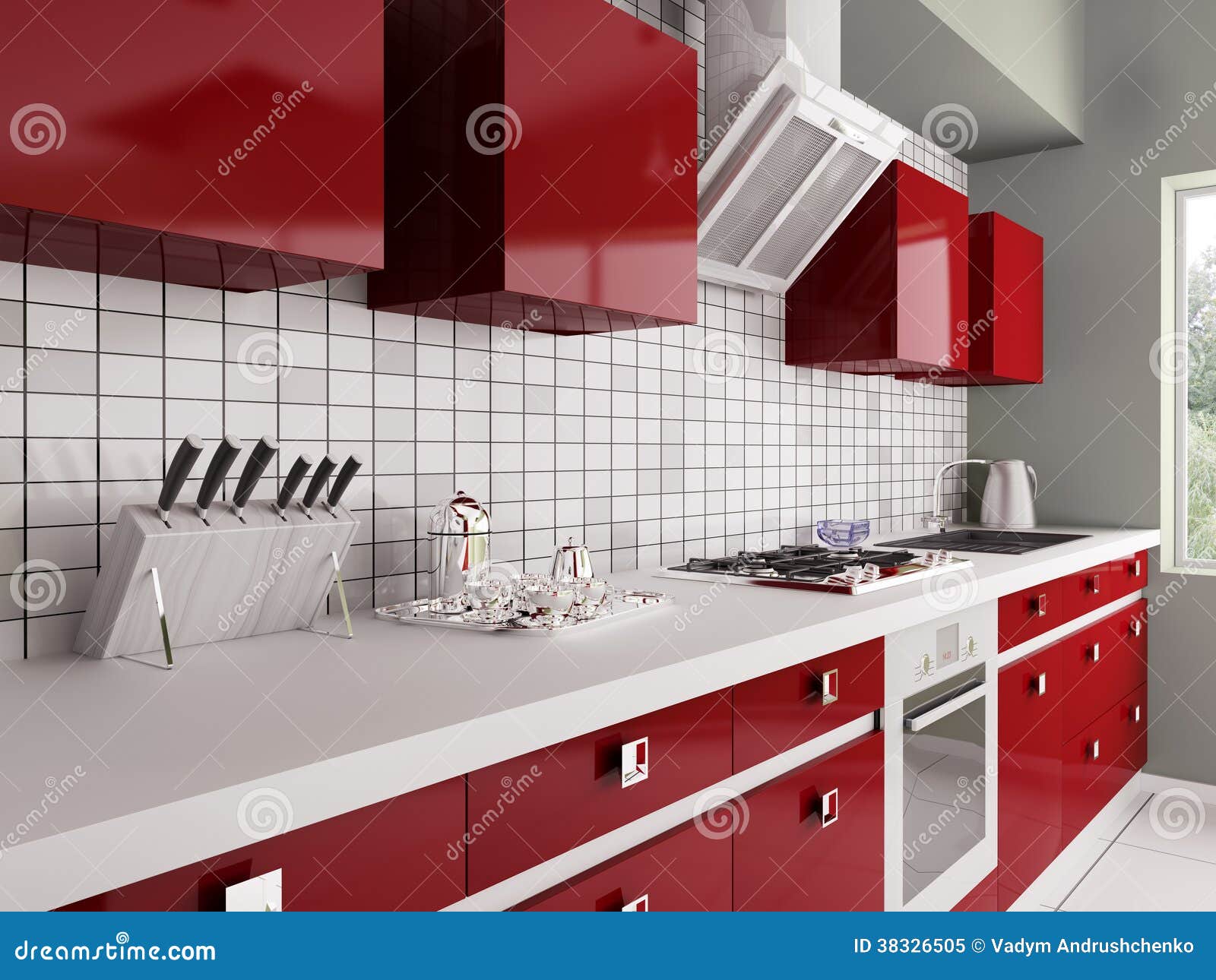 Modern Red Kitchen Interior 3d Stock Illustration - Illustration of ...