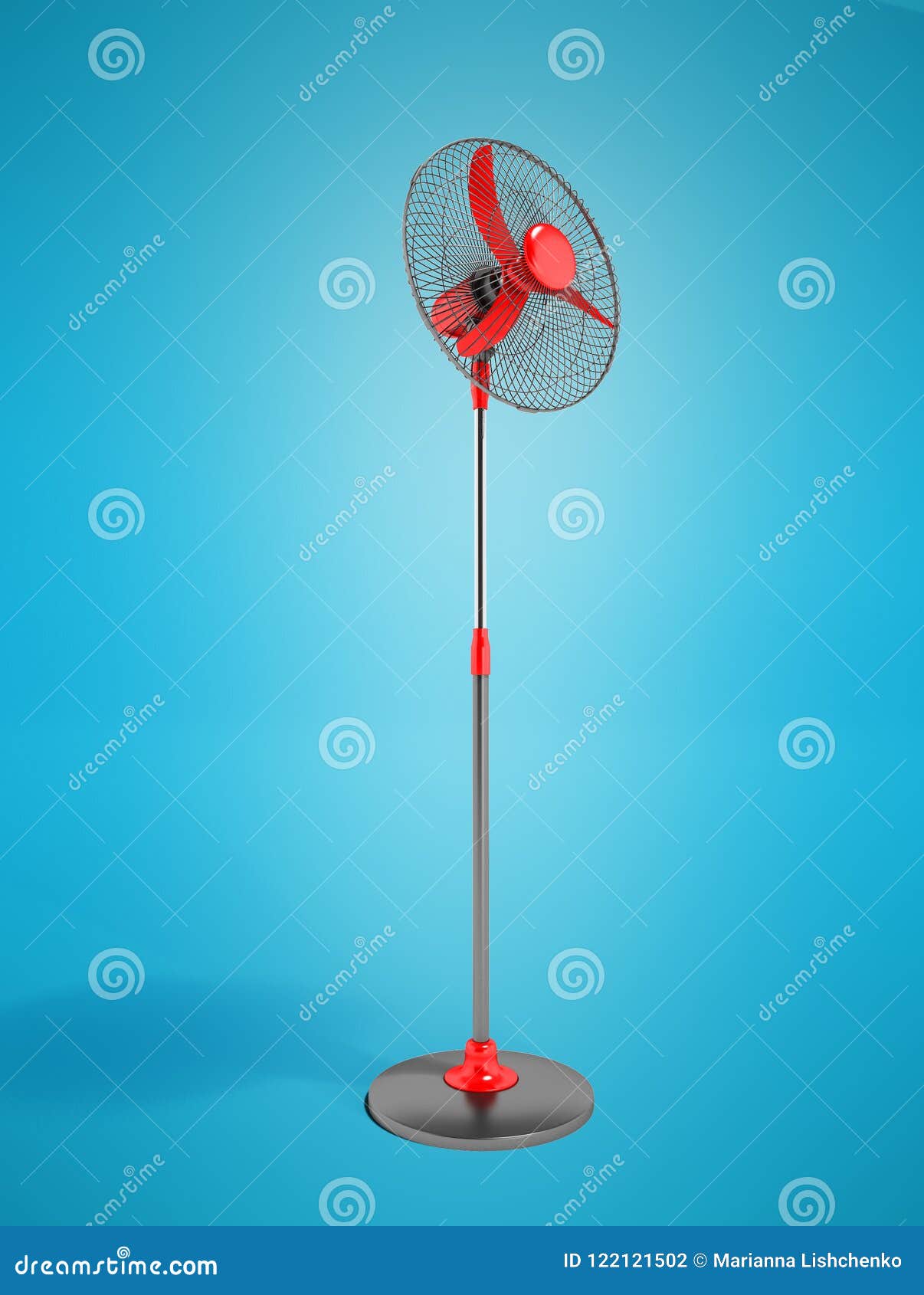 Modern Red Metal Fan For Office Cooling On Foot 3D Render On Blue ...