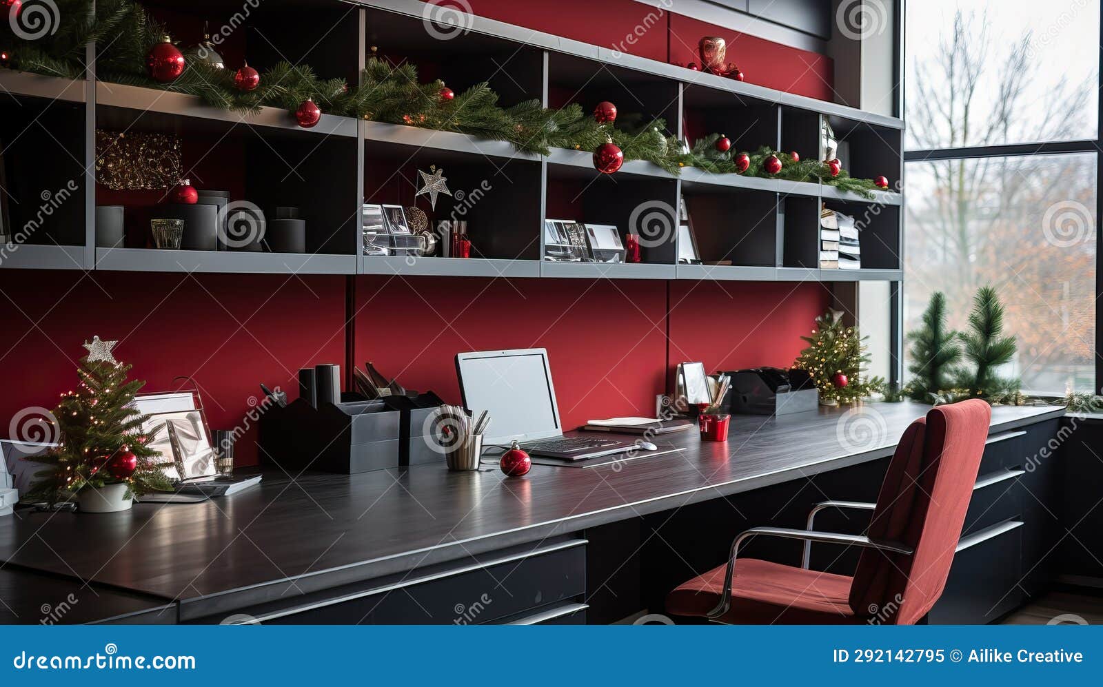 Modern Red Office Interior with Christmas Decorations Stock ...