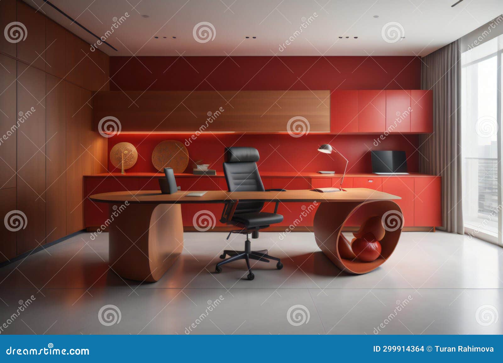 Modern Red Office Interior. Workplace and Design Concept Stock Photo ...