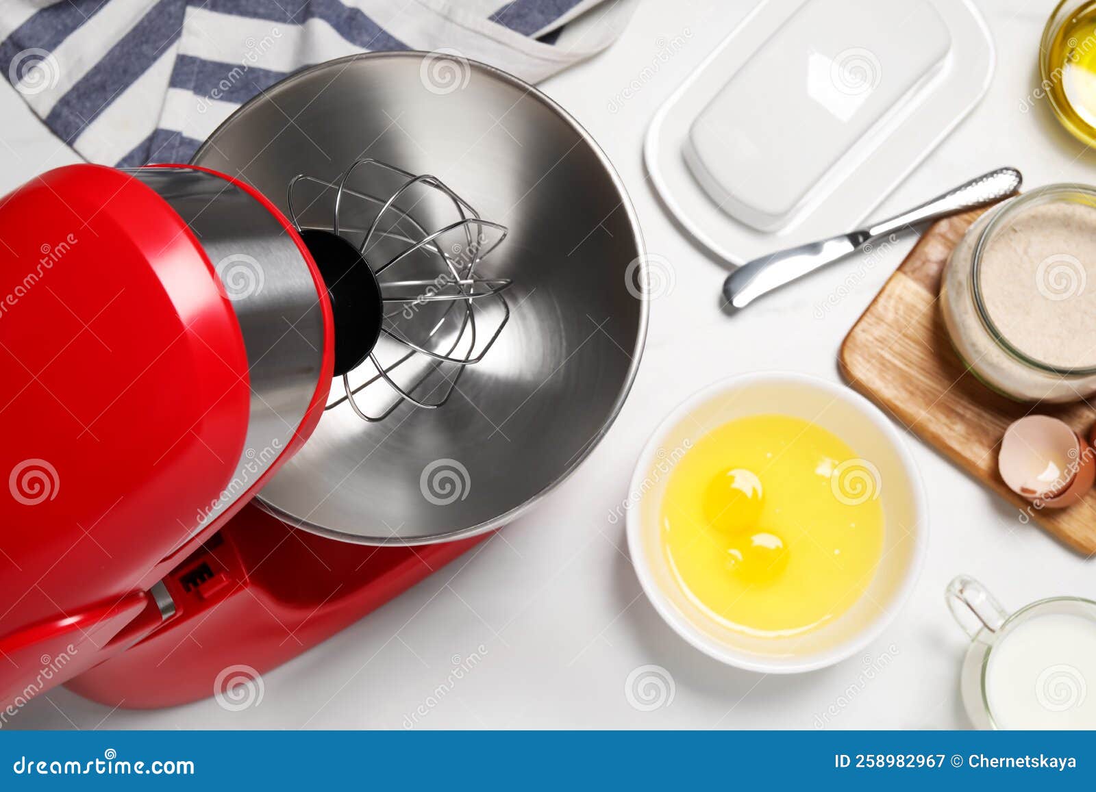 Modern Red Stand Mixer and Different Ingredients on White Table, Flat ...