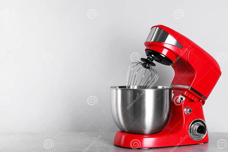 Modern Red Stand Mixer on Light Gray Table, Space for Text Stock Image ...
