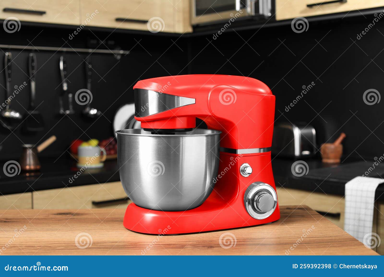 Modern Red Stand Mixer on Wooden Table in Kitchen Stock Photo - Image ...
