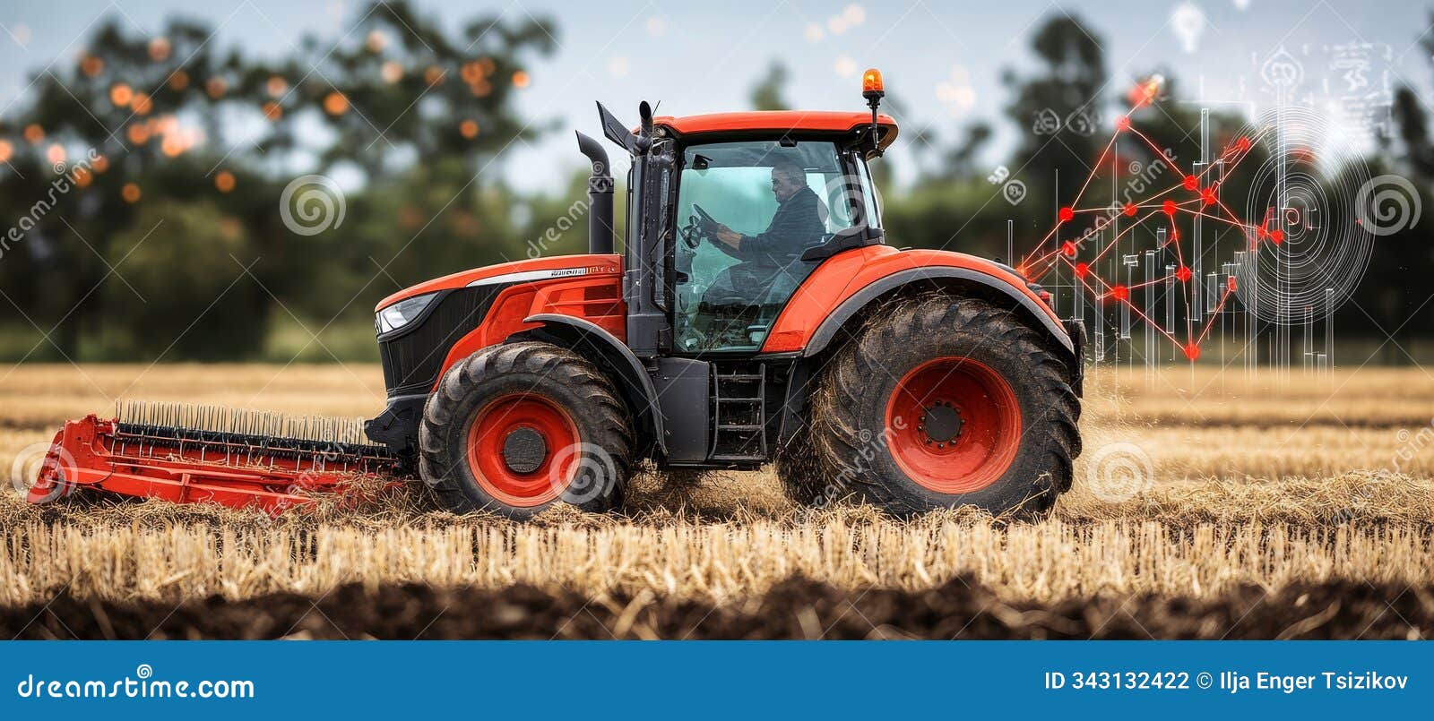 Modern Red Tractor Working in the Field Data-Driven Agriculture and ...