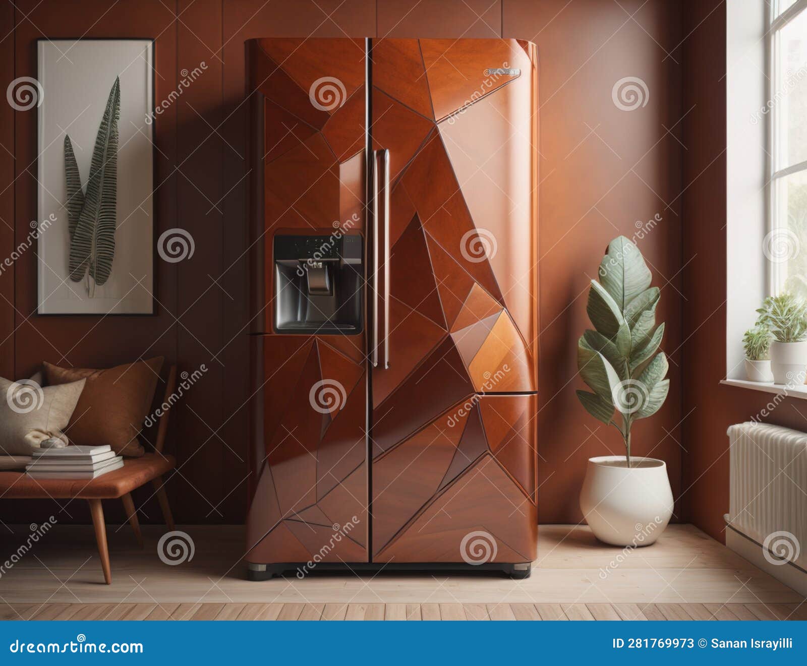 Modern Refrigerator in Living Room Interior. Generative Ai Stock ...