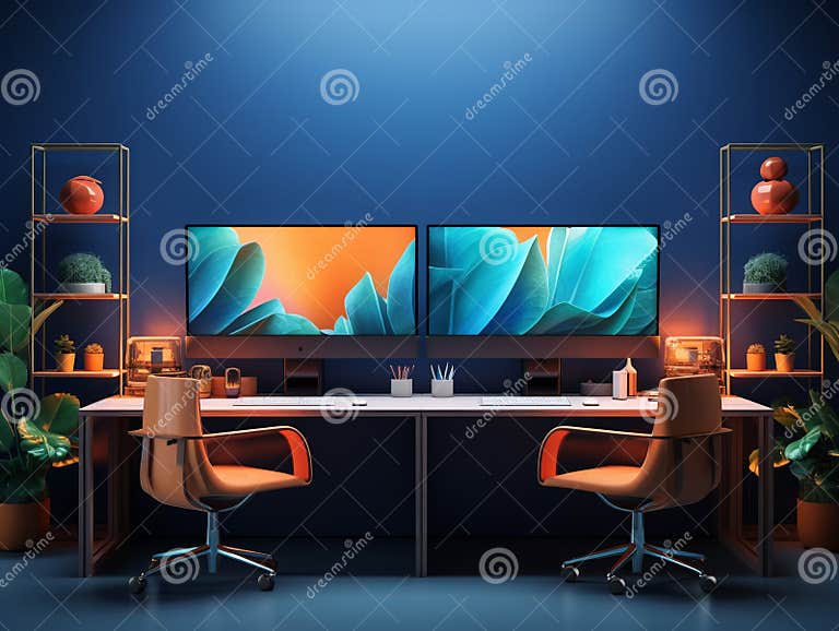 Modern Remote Work Setup with Dual Monitors, Flat Design, Top View ...