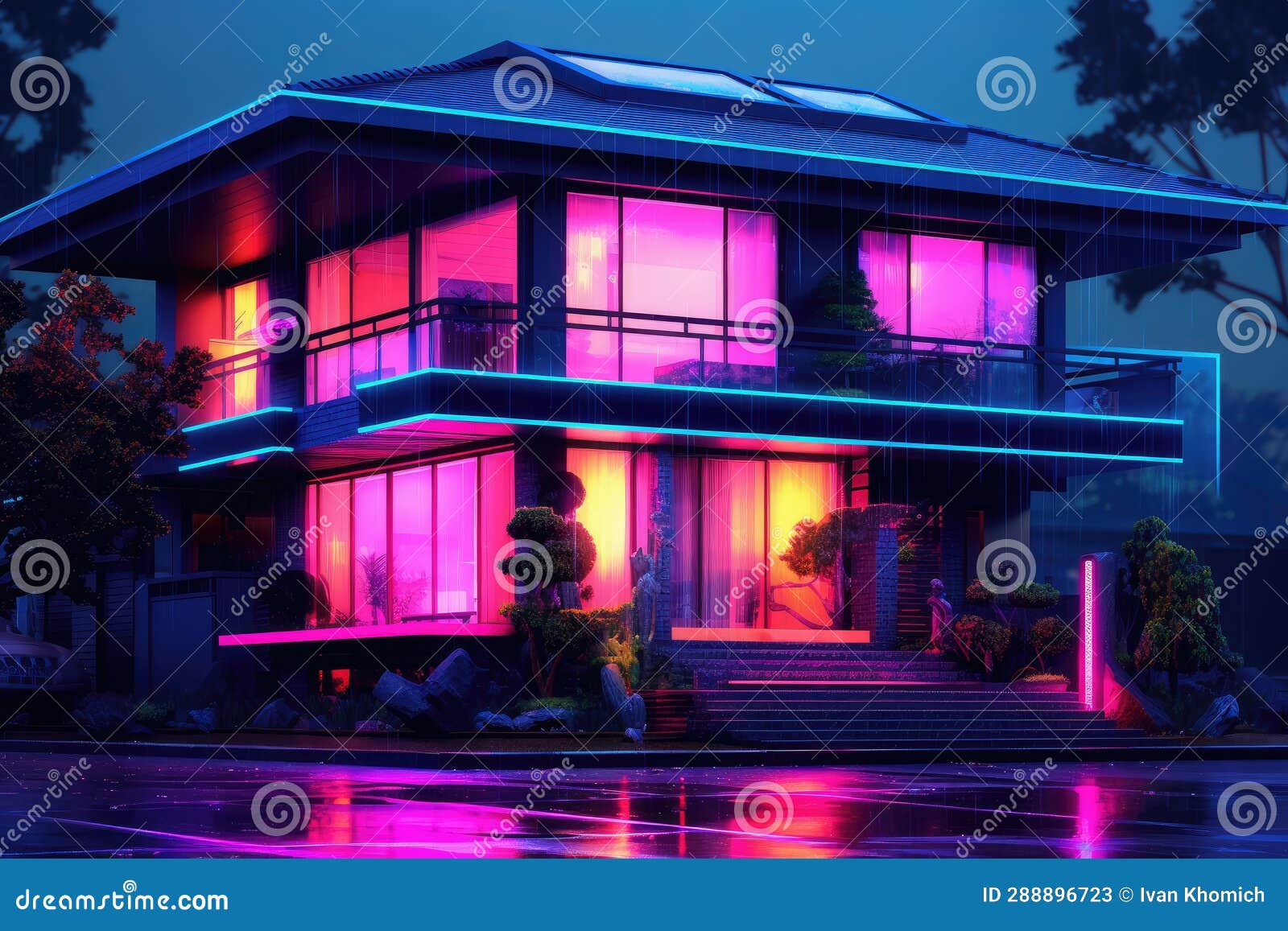 Modern Residential Building, with Beautiful Neon Lighting Stock Image ...