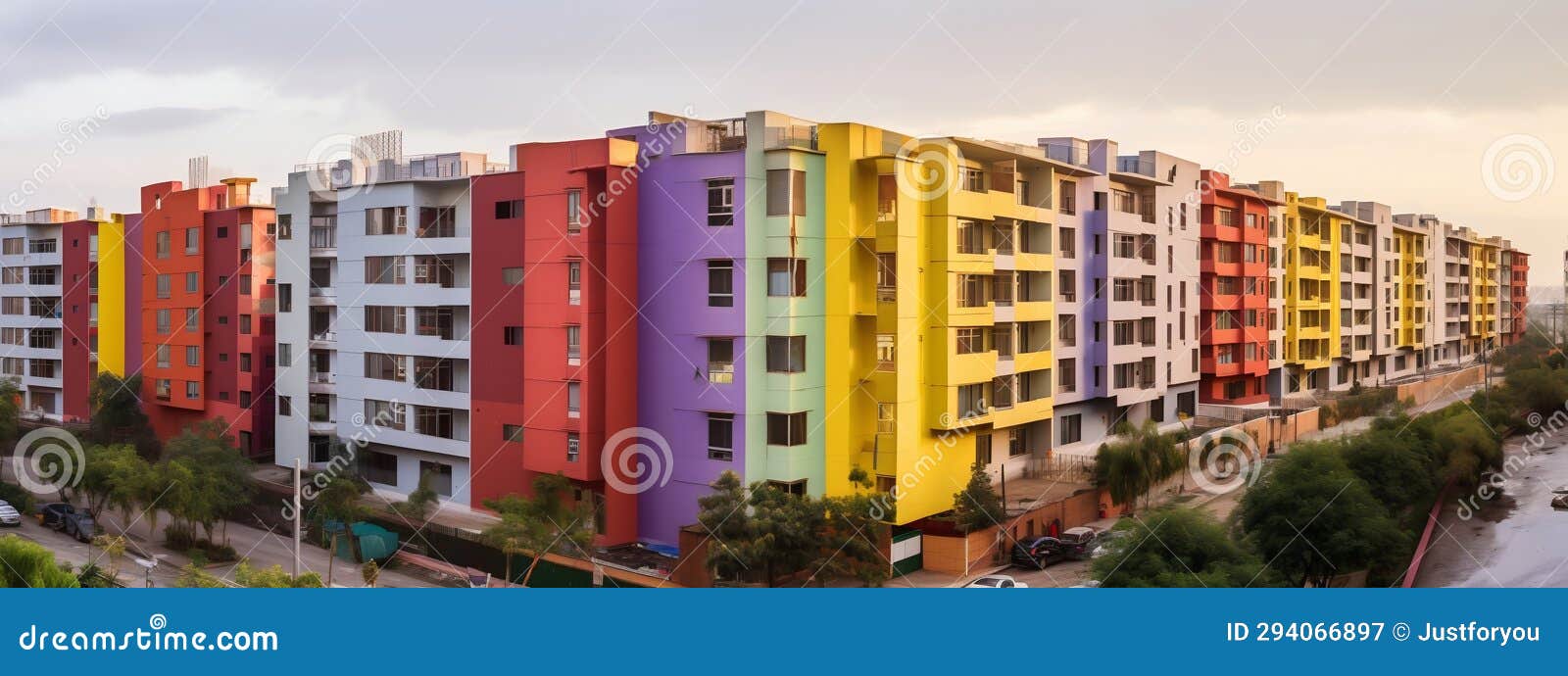Modern Residential Complex: Multi-colored Facades Under Overcast Sky ...