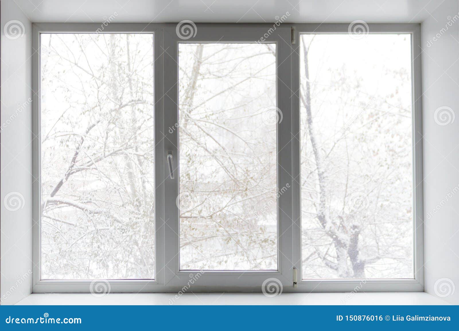 Modern Residential Window with Snow and Trees Stock Photo - Image of ...