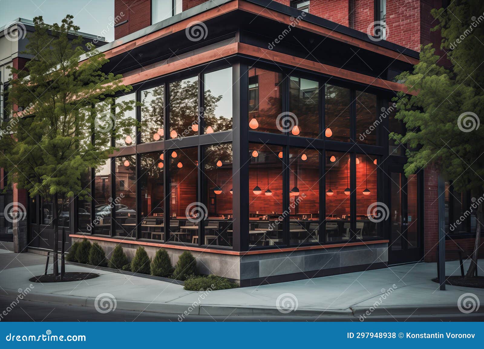 Modern Restaurant Facade with Red Brick Accents and Dark Glass Windows ...