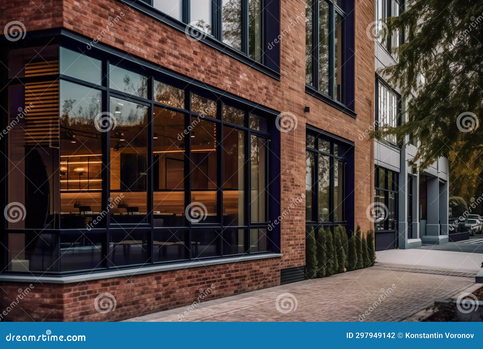 Modern Restaurant Facade with Red Brick Accents and Dark Glass Windows ...