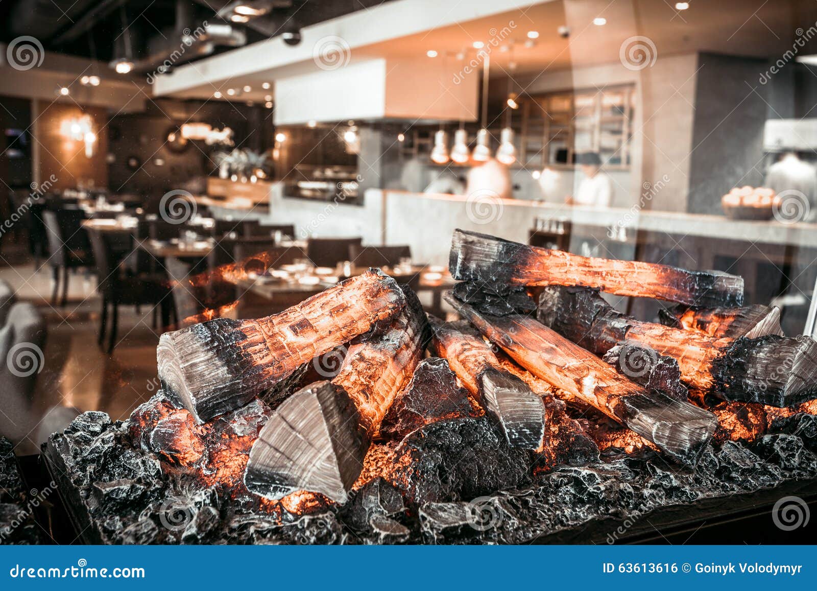 Modern Restaurant with Fireplace Stock Photo - Image of fire ...