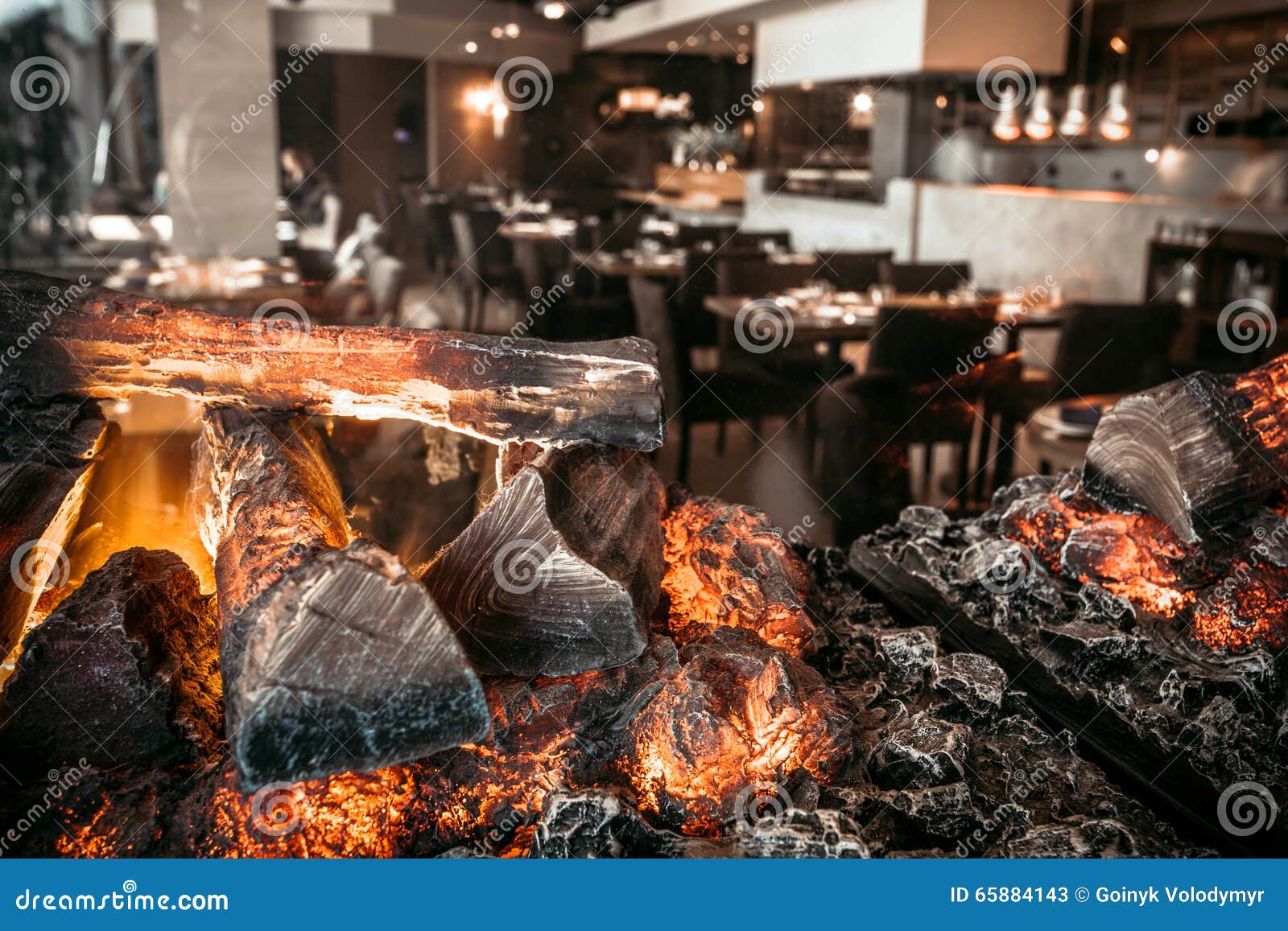 Modern Restaurant with Fireplace Stock Image - Image of majestic ...