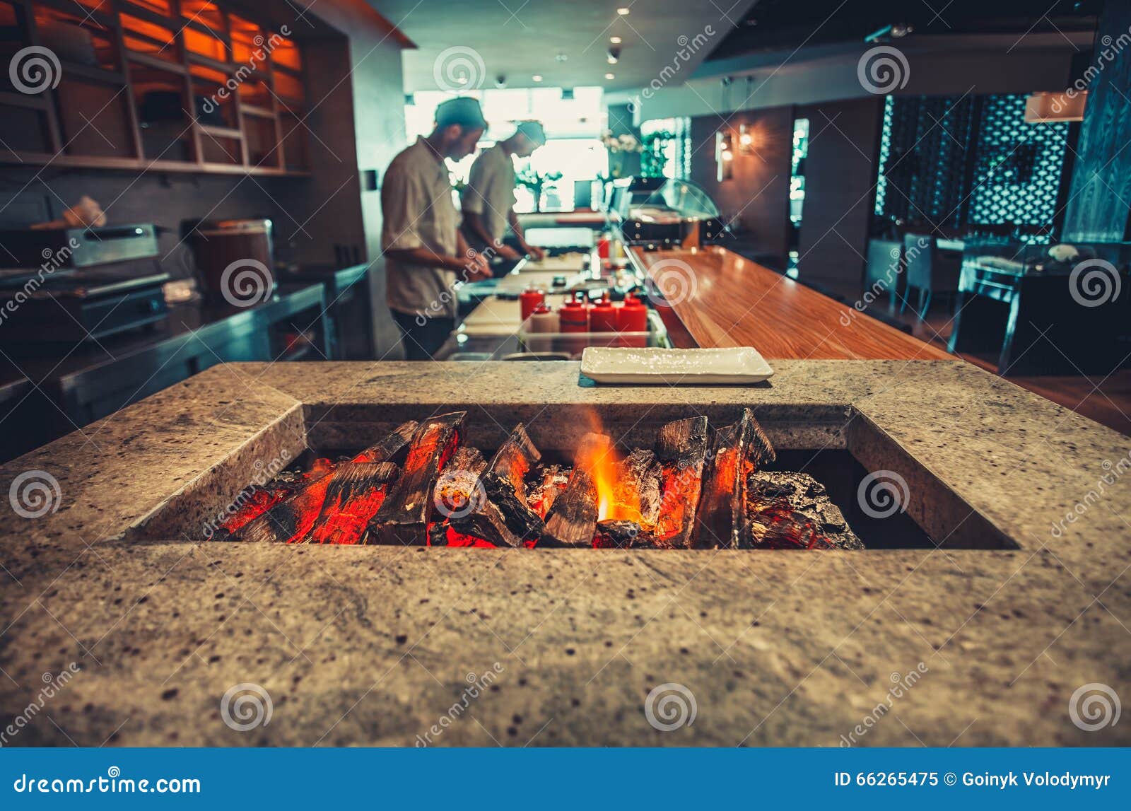 Modern Restaurant with Fireplace Stock Image - Image of board ...